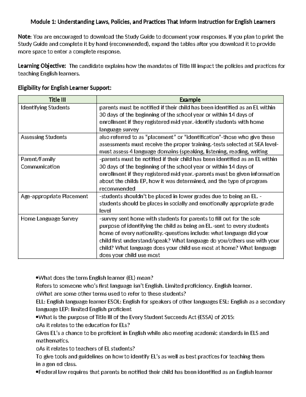 D096 D169 Module 1 Study Guide: Understanding English Learners & Title ...