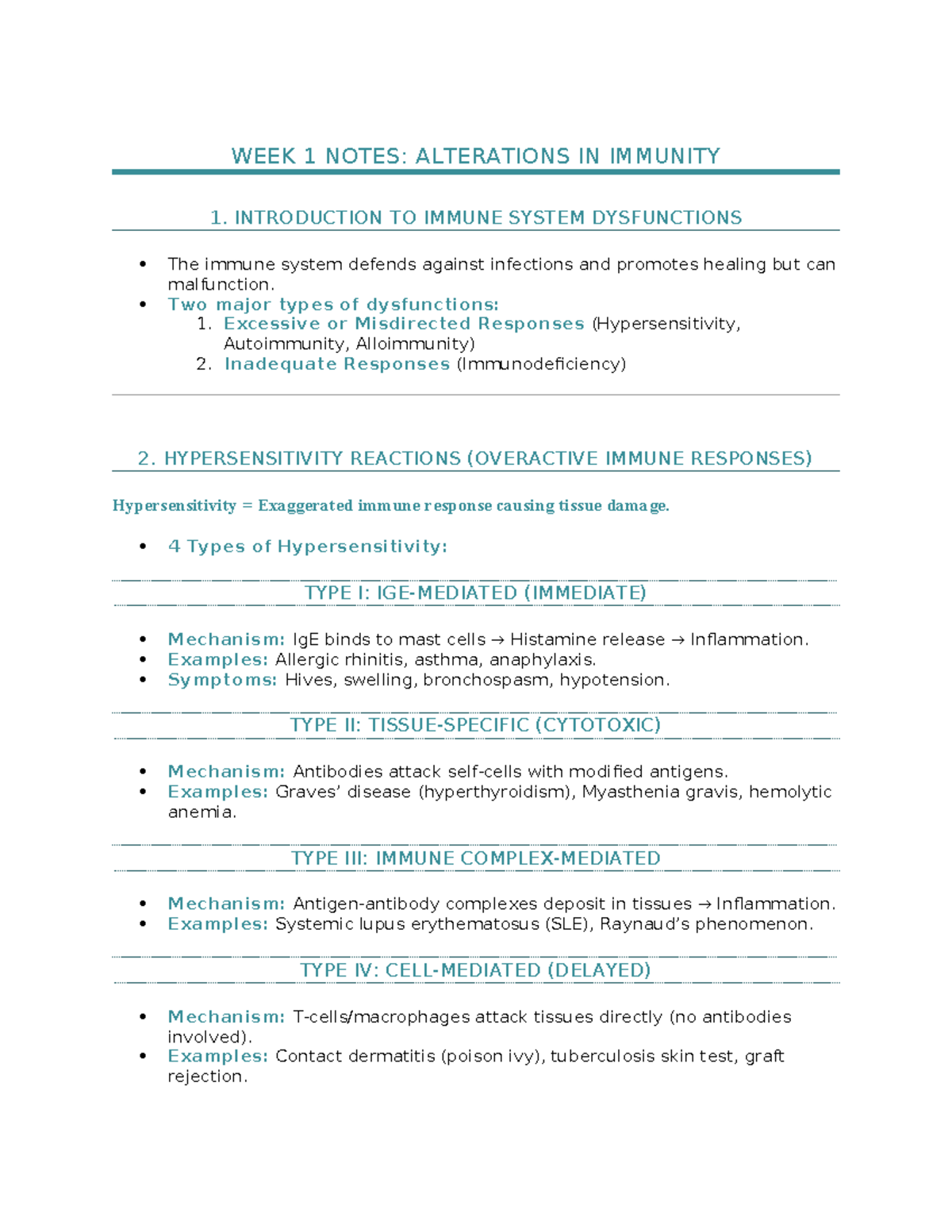 Week 1- Alterations in Immunity notes - WEEK 1 NOTES: ALTERATIONS IN ...