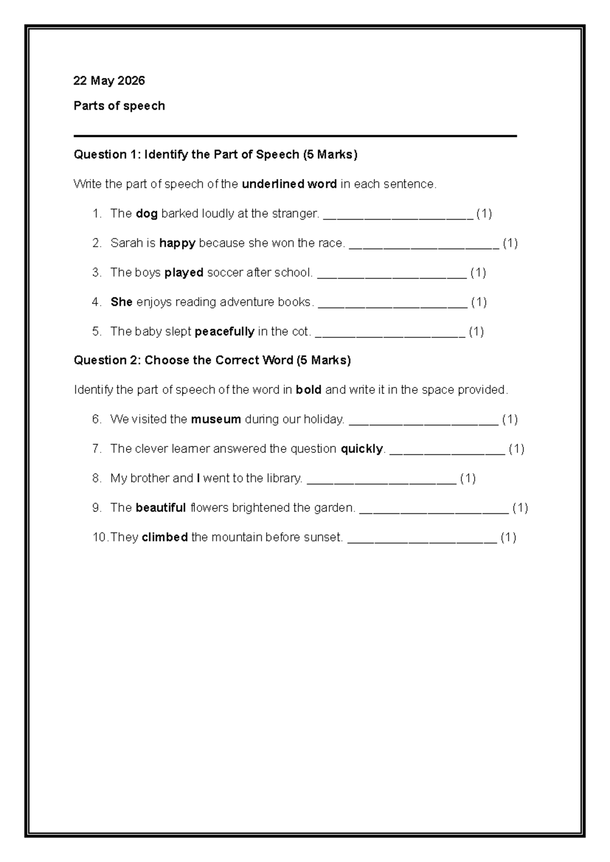 Parts of Speech Quiz - 22 May 2026 - Studocu