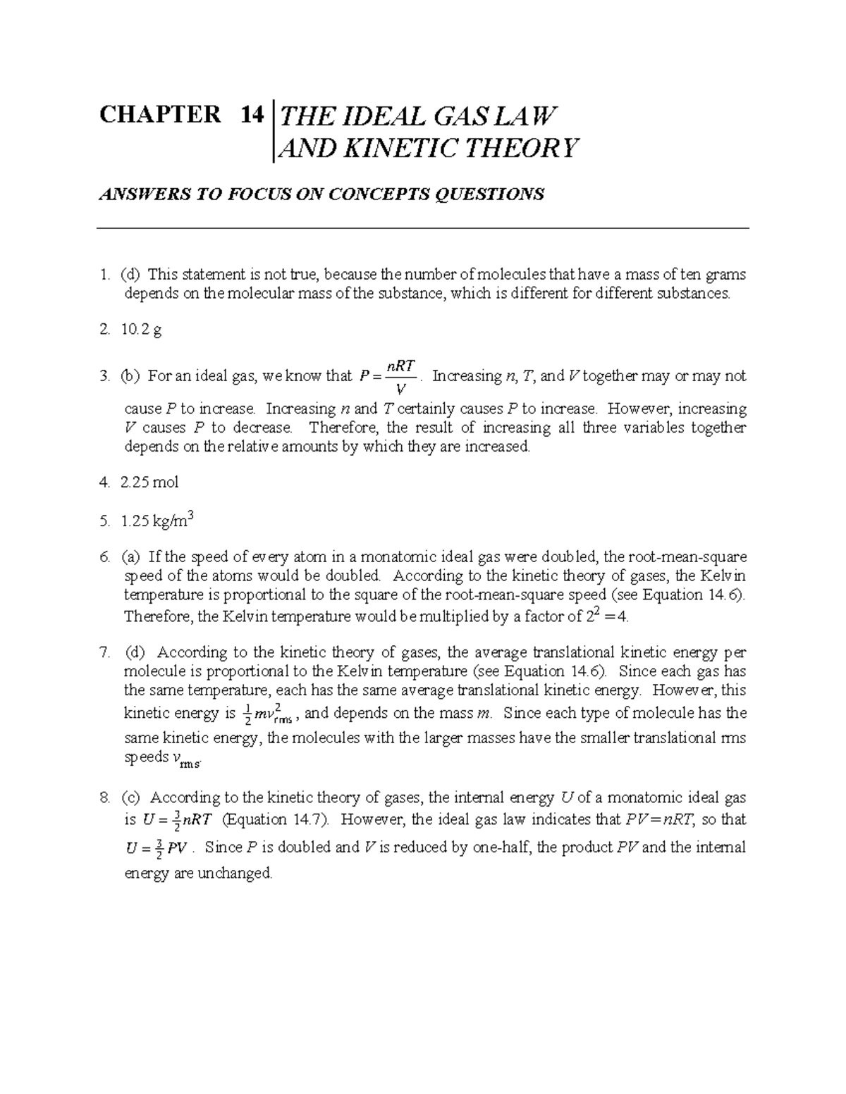 Chapter 14 ISM 11E - Ideal gas law and kinetic theory notes - Studocu