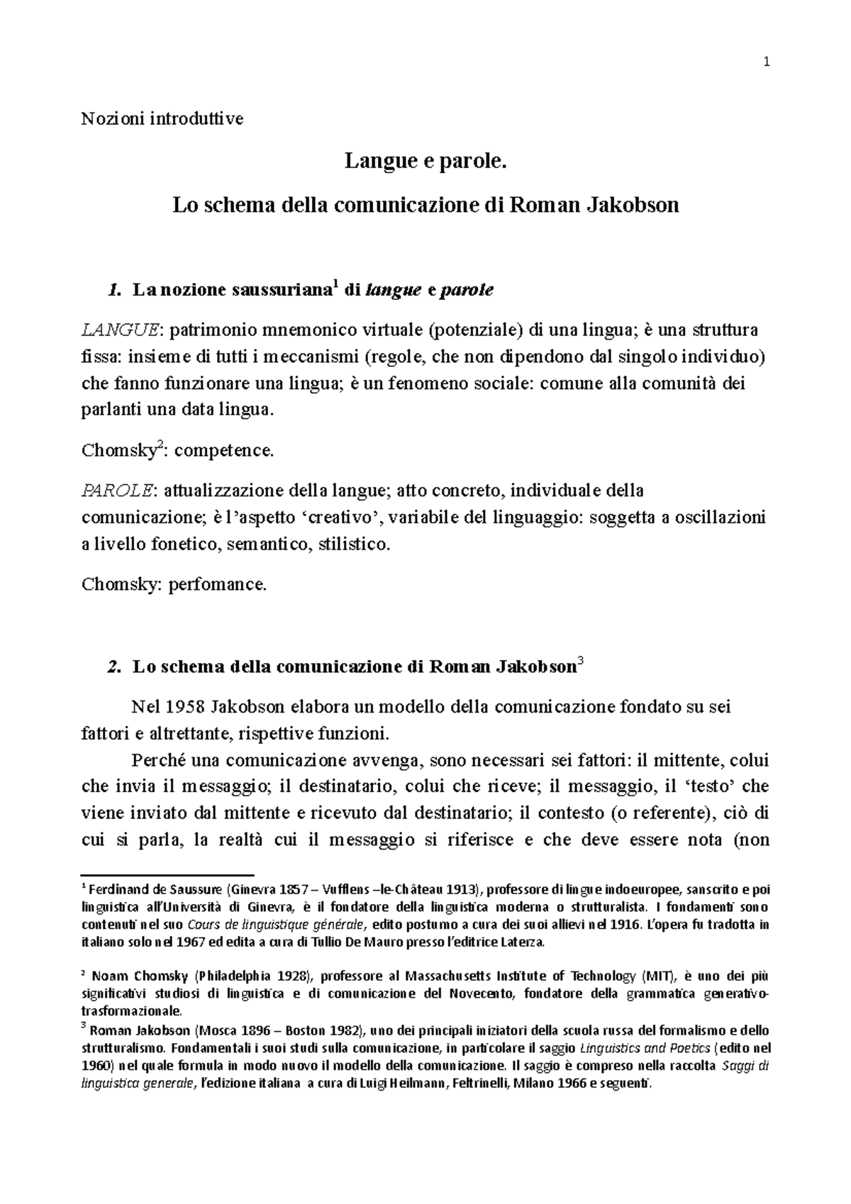 2. Langue e parole - Funzioni di Jakobson - Nozioni introduttive Langue ...