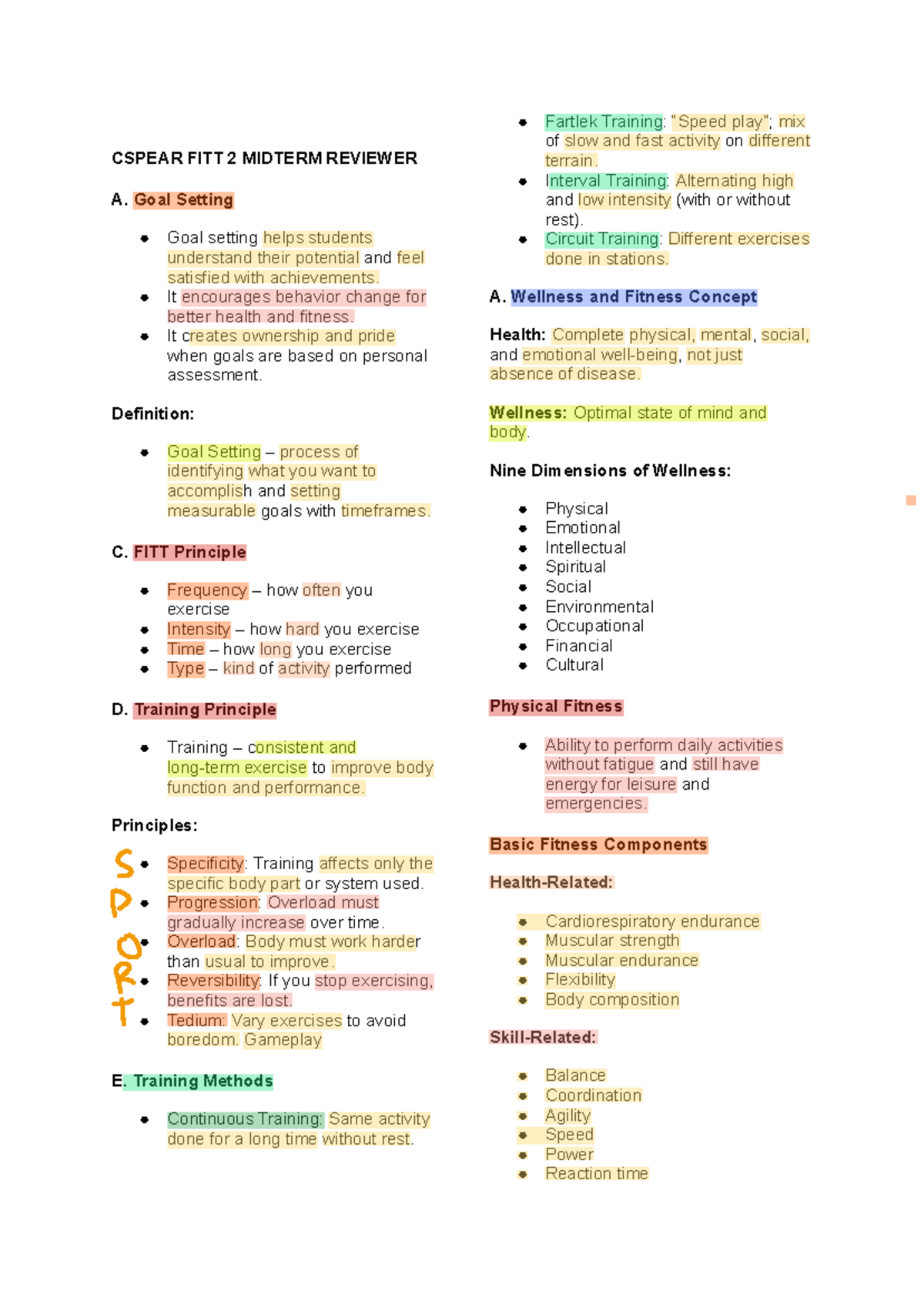 Cspear FITT 2 Midterm Review: Goal Setting & Training Principles - Studocu