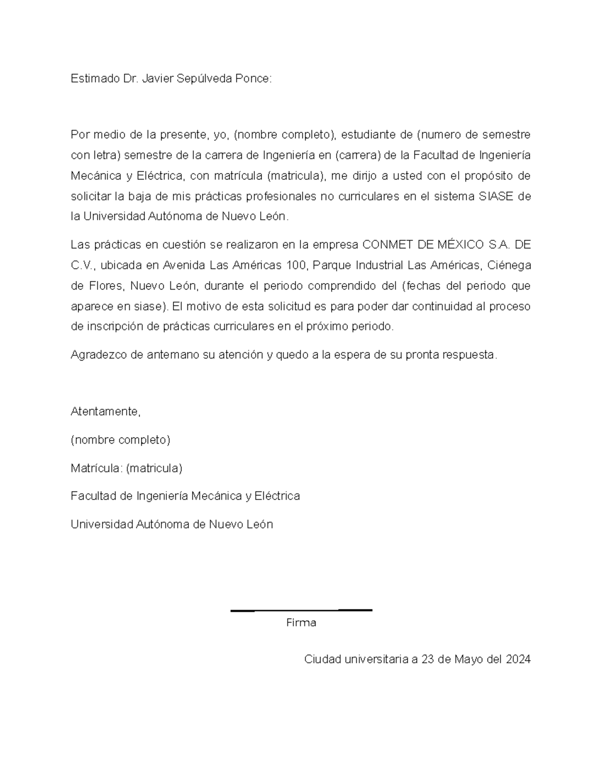 Formato carta - Estimado Dr. Javier Sepúlveda Ponce: Por medio de la ...