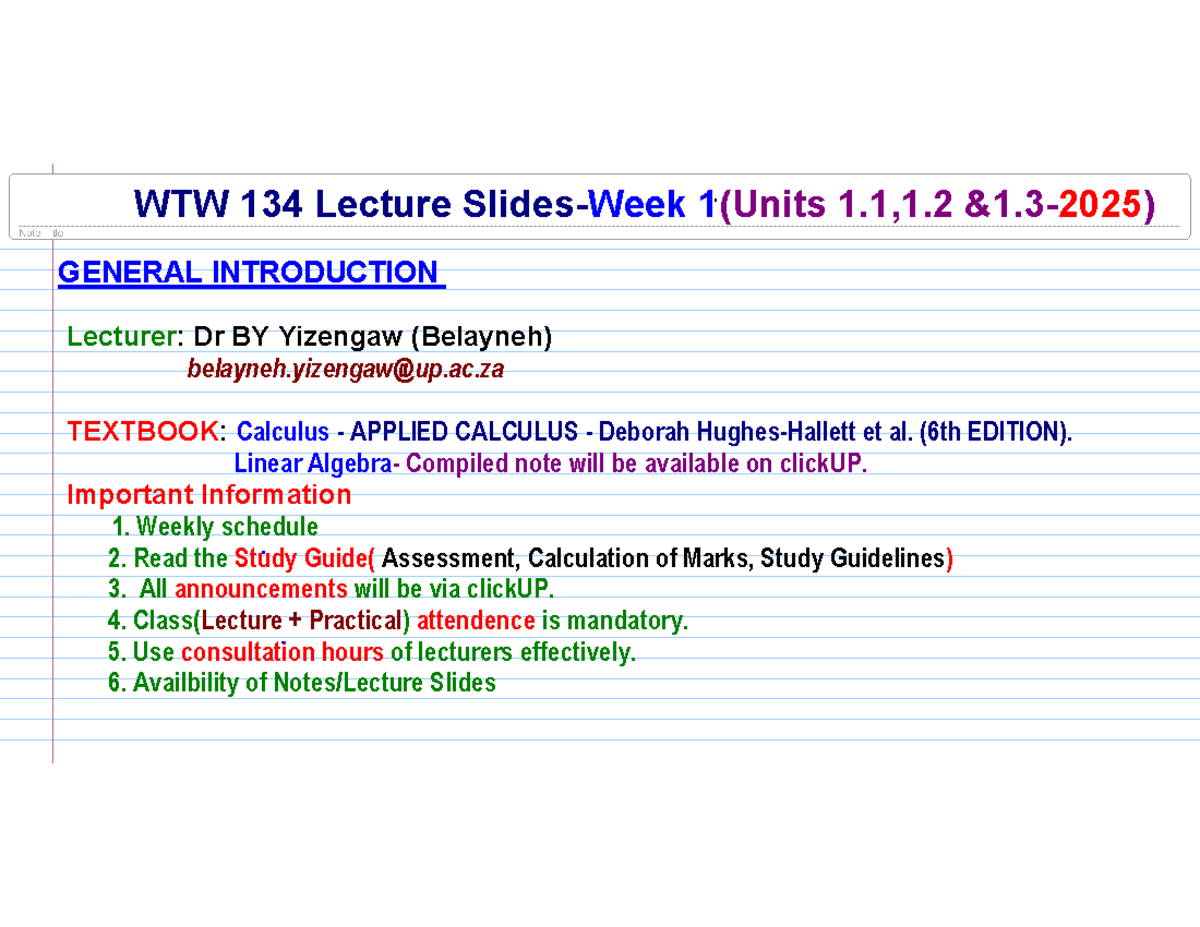 WTW 134 Lecture 1: Intro to Functions & Calculus Concepts (Units 1.1, 1 ...