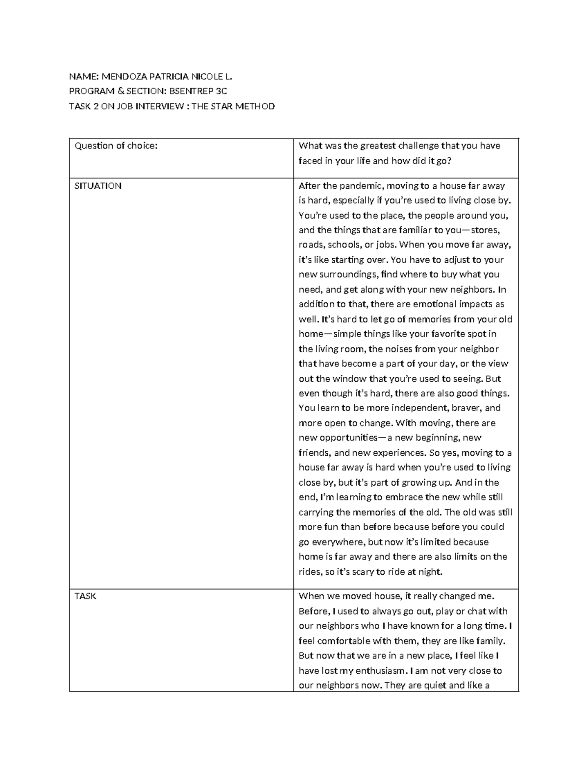 BSENTREP 3C Task 2: Overcoming Challenges in Job Interviews Using STAR ...