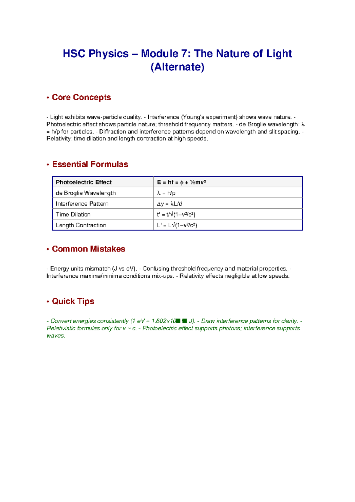 HSC Physics Module 7: The Nature of Light - Key Concepts & Tips - Studocu