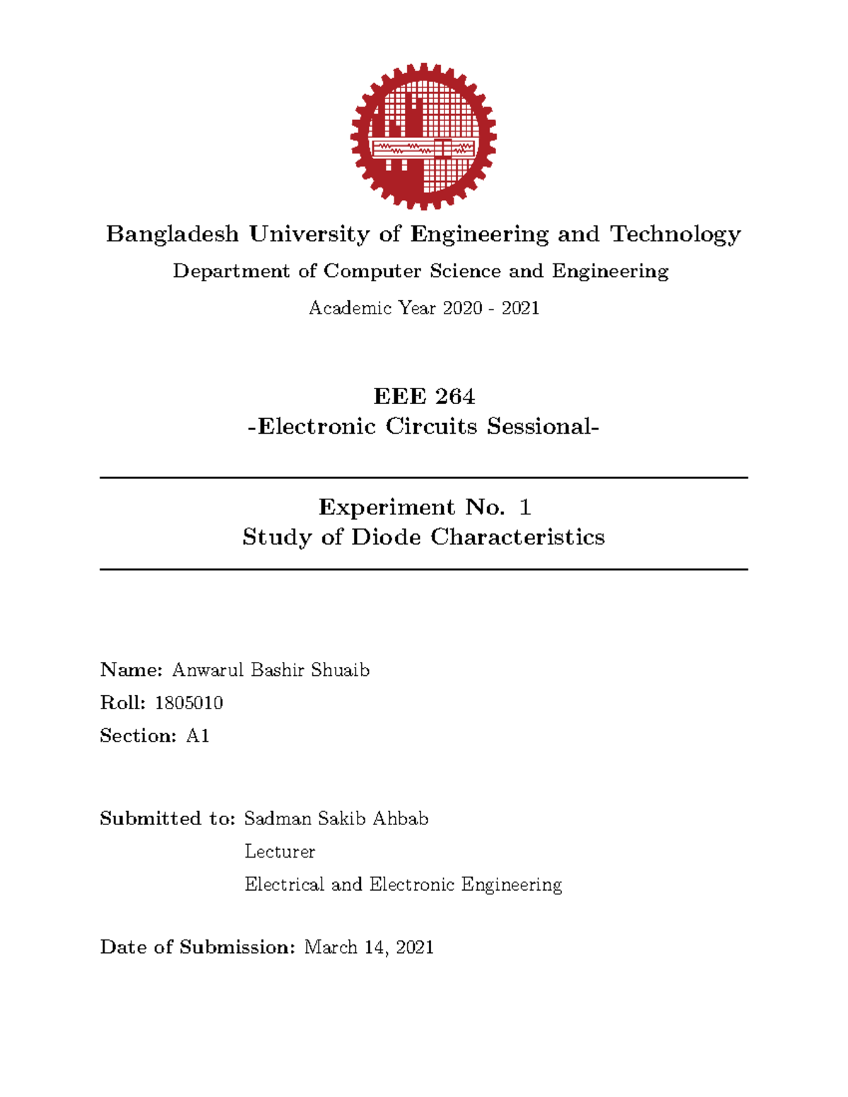 EEE 264 - Experiment 1: Analysis of Diode Characteristics - Studocu