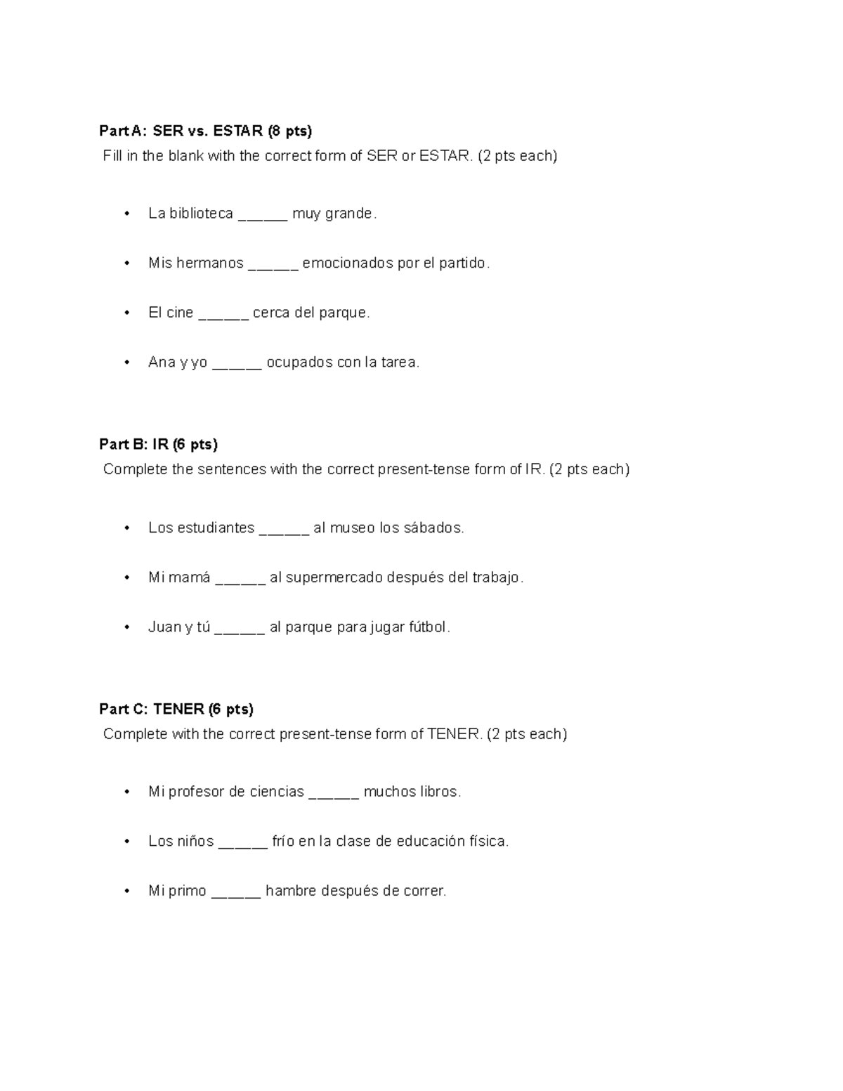 Spanish Language Practice: SER, ESTAR, IR, TENER, GUSTAR Exercises ...