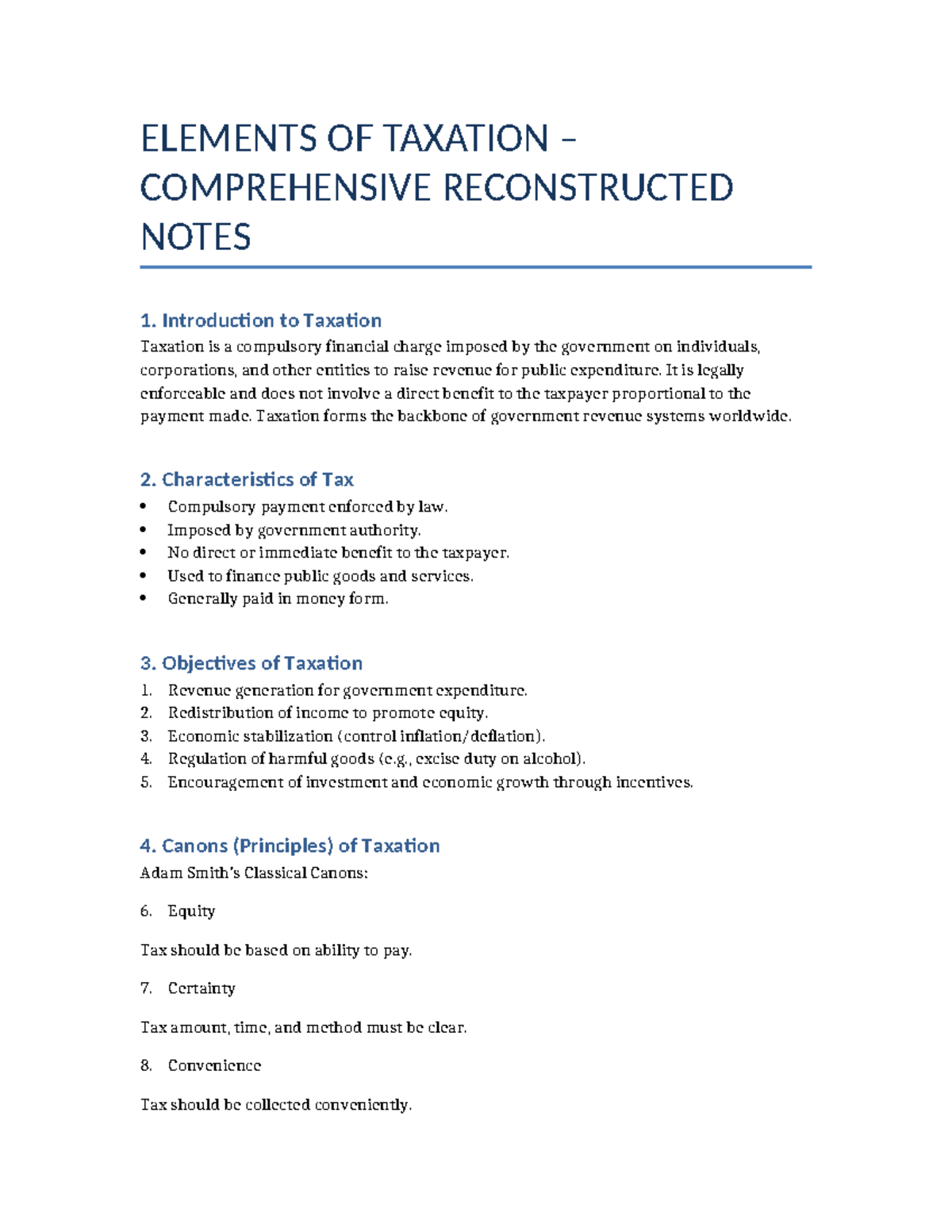 Elements of Taxation: Comprehensive Reconstructed Notes - Studocu