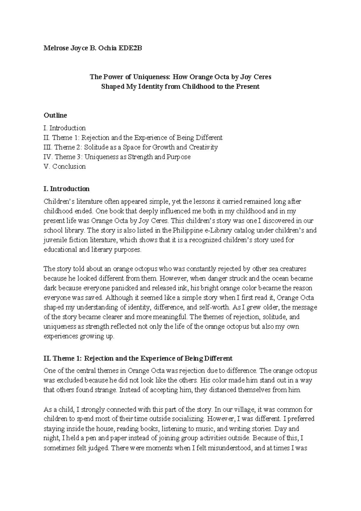 EL111 Essay Notes: The Power of Uniqueness in Orange Octa - Studocu