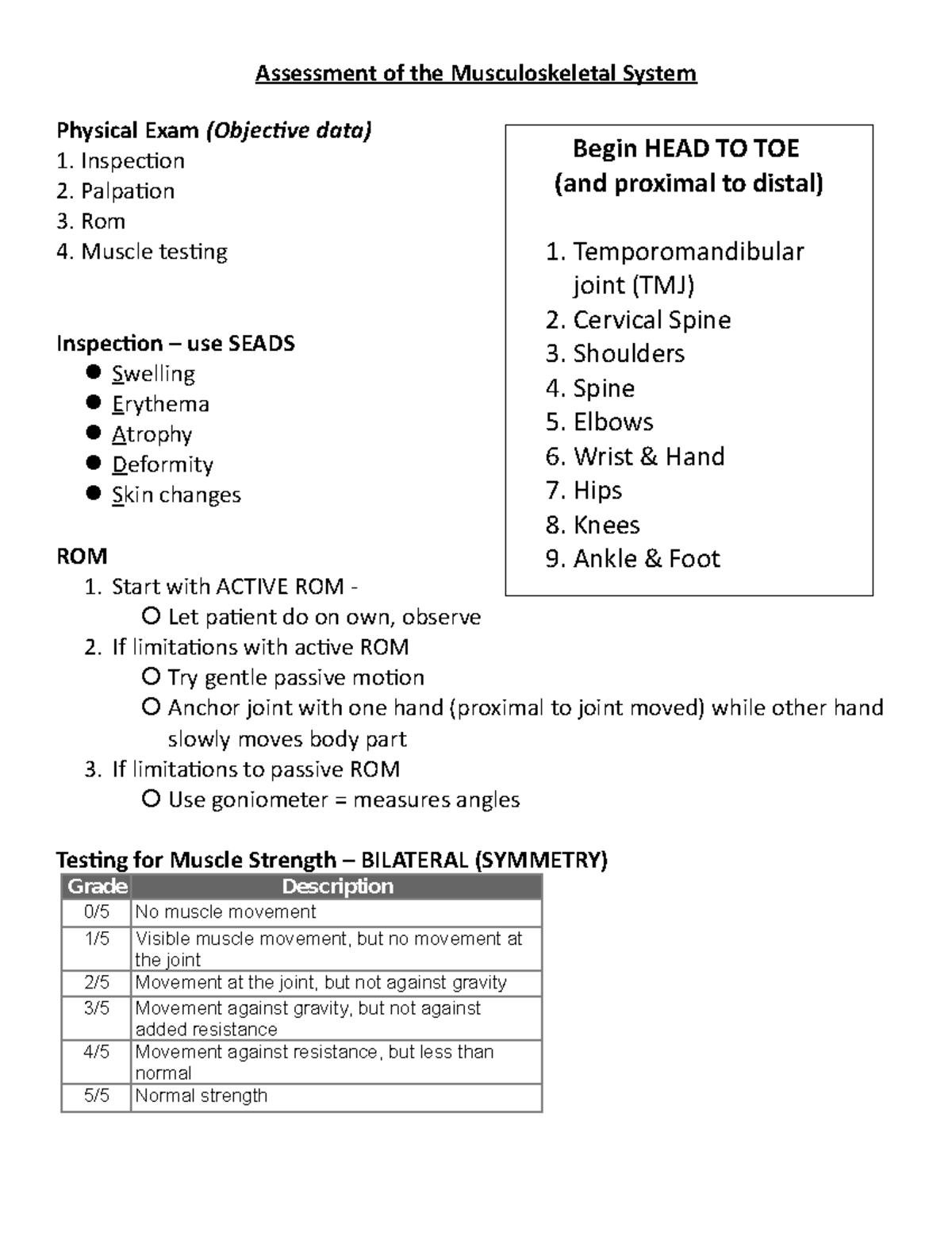 Week 9 - Musculoskeletal System Exam Handout - Studocu
