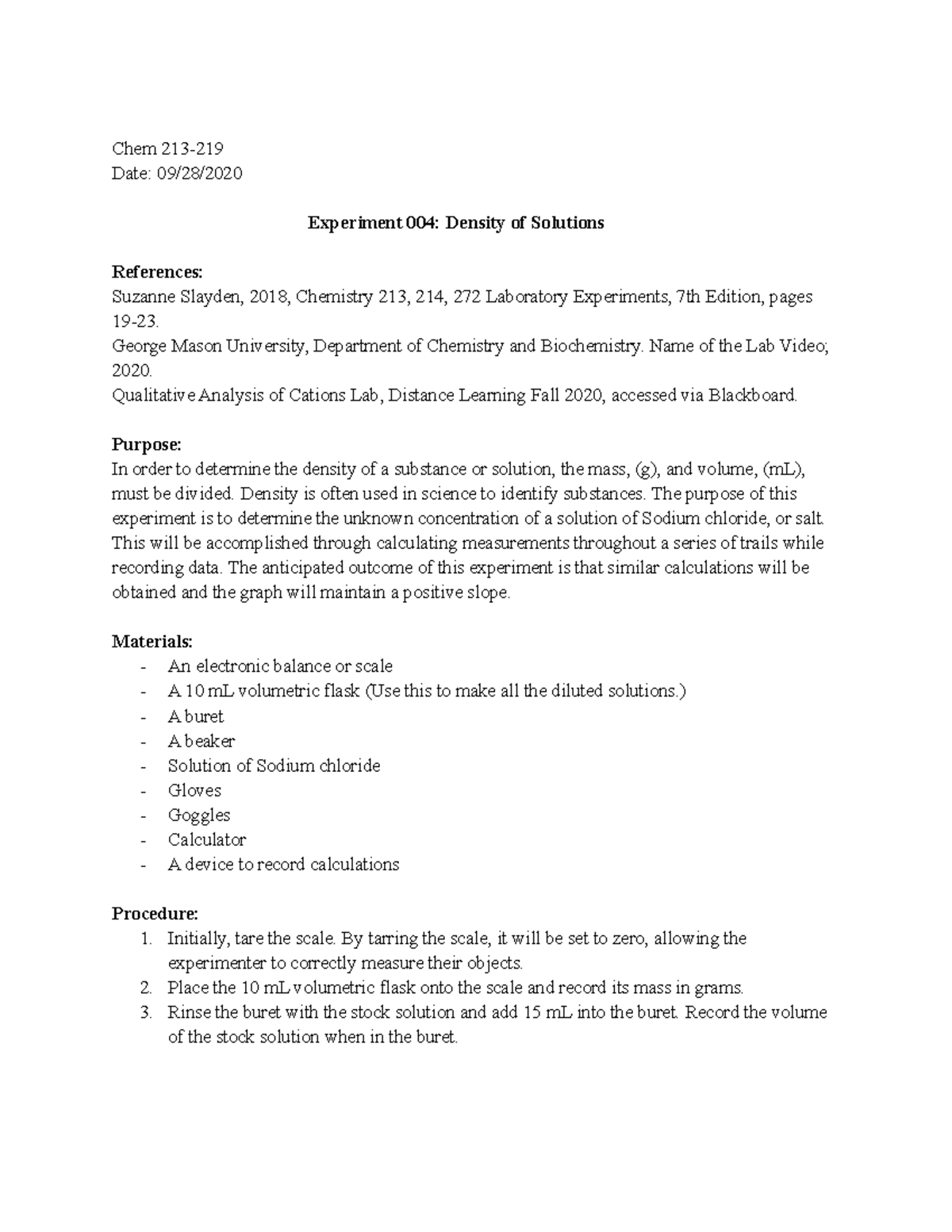 Chem213Lab004 - Density of Solutions Experiment Report at GMU - Studocu