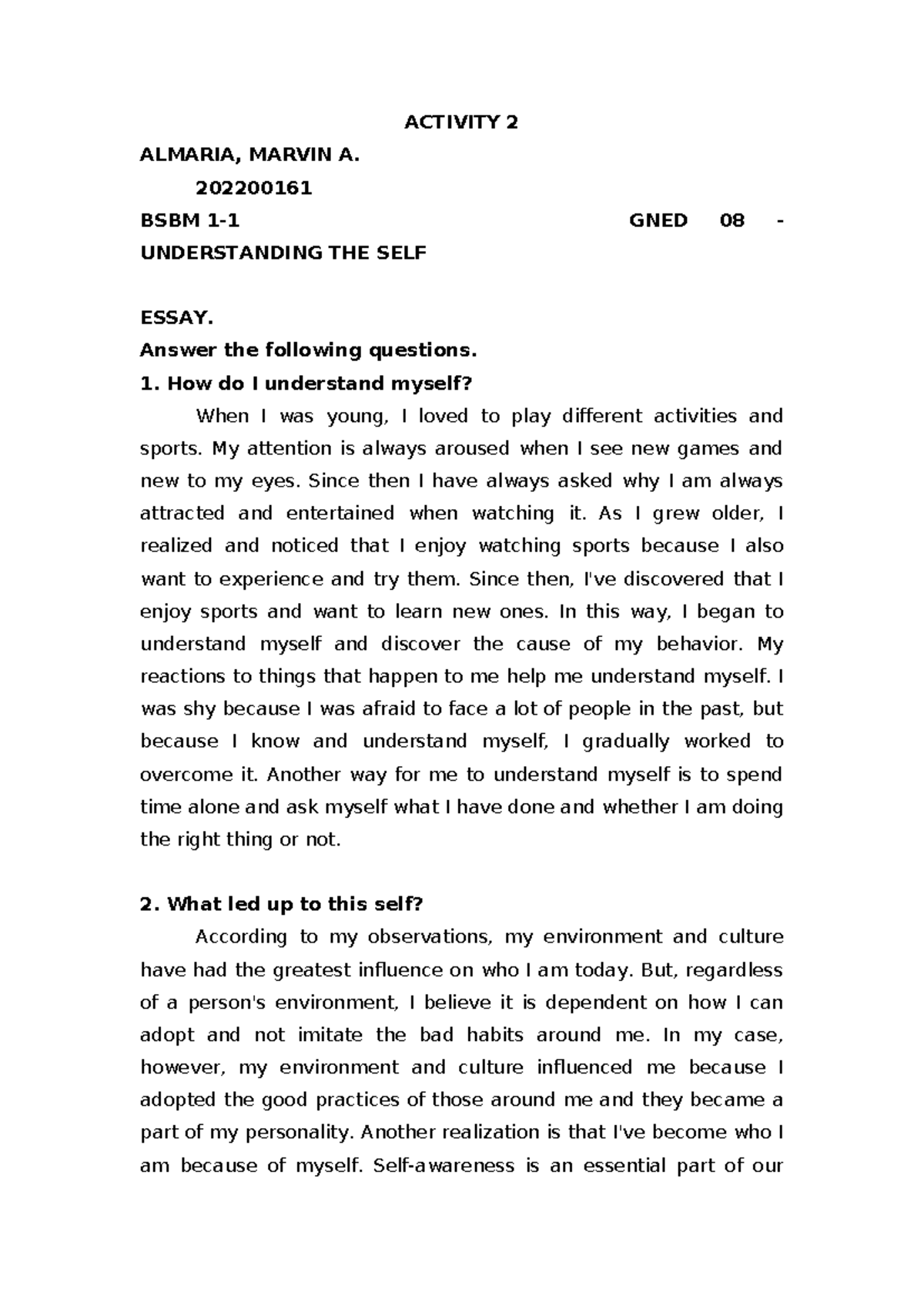 BSBM GNED 08 Activity 2: Understanding the Self Essay by Marvin A ...