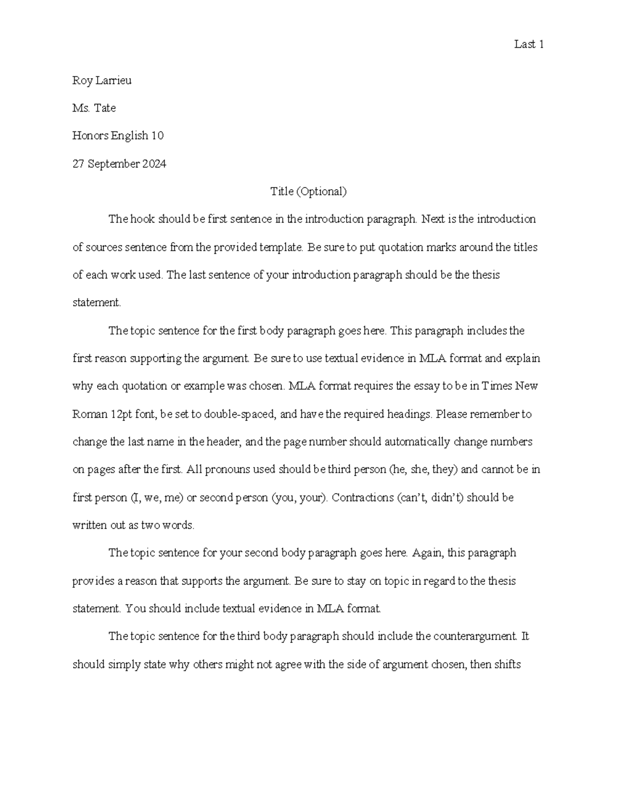 Sample MLA Paper argumentative - Last 1 Roy Larrieu Ms. Tate Honors ...