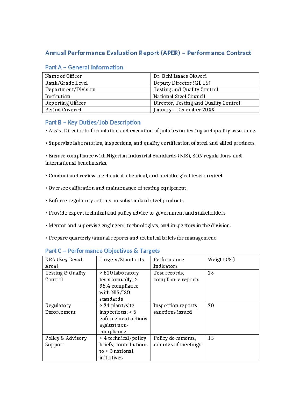 APER Performance Contract Report for Dr. Ochi Isaacs Okwori - Studocu