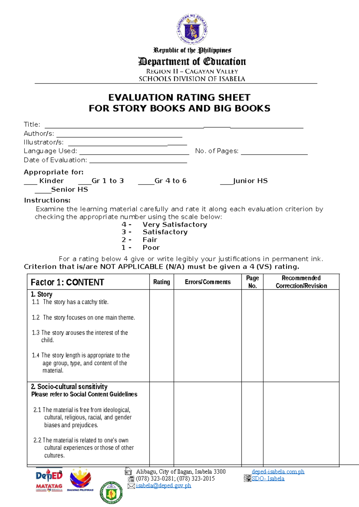 Evaluation Rating Sheet for Story & Big Books (Kinder 1-6) - Studocu