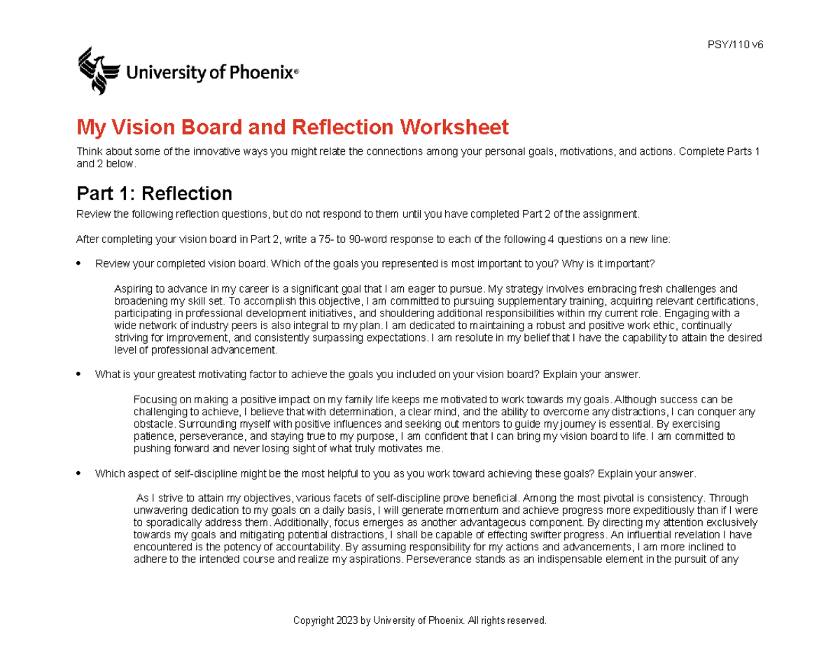 Psy110 v6 wk5 my vision board and reflection worksheet - PSY/110 v My Vision Board and ...