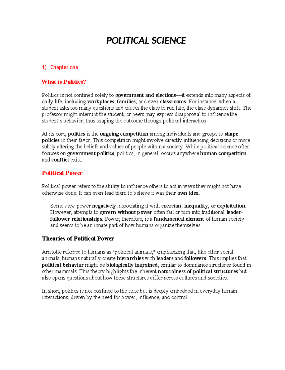 POLITICAL SCIENCE 1) Chapter 1: Understanding Politics and Power ...