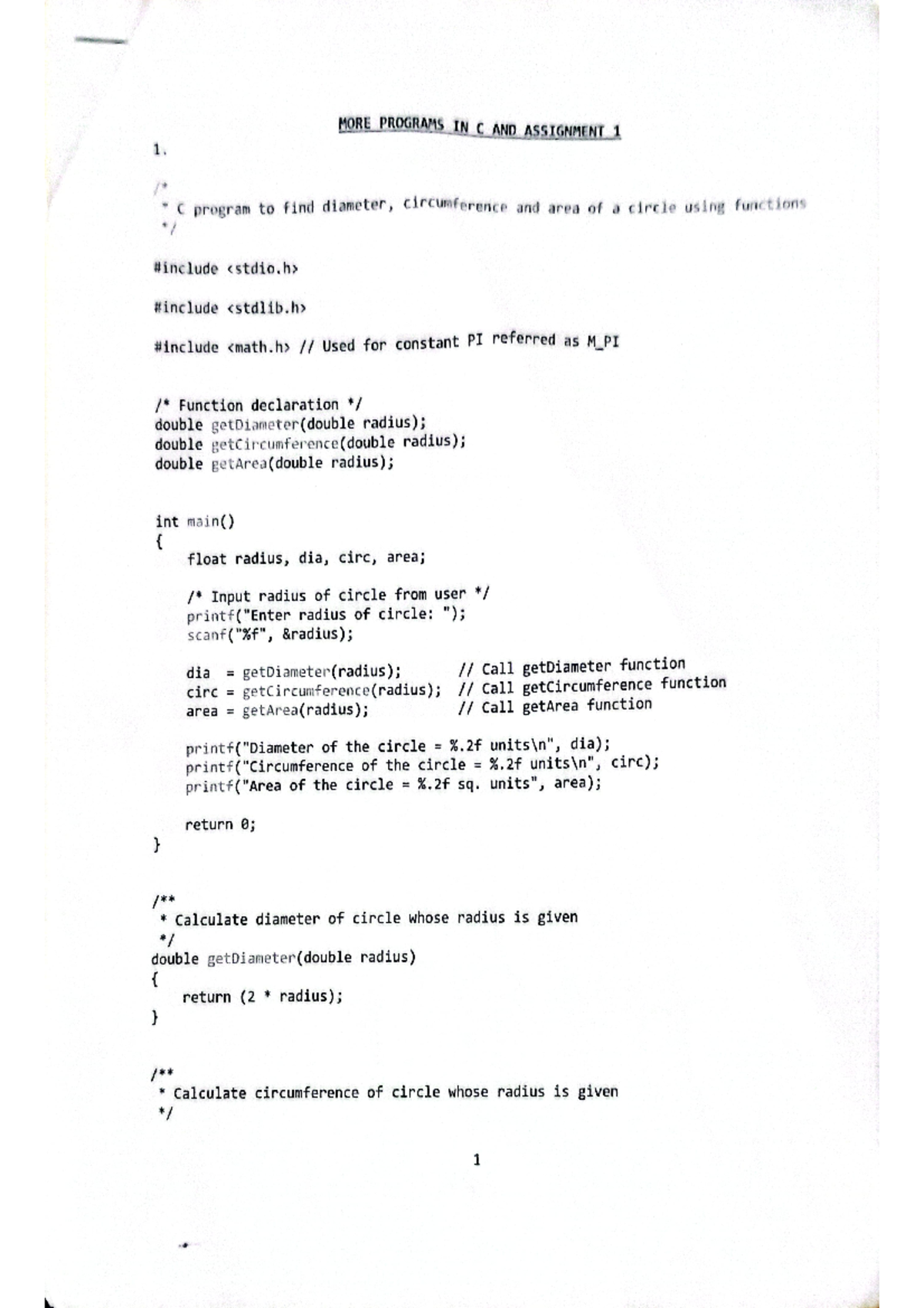 Assignment programming - MORE PROGRAMS IN C AND ASSIGNMENT 1 1. . C program to find diameter ...
