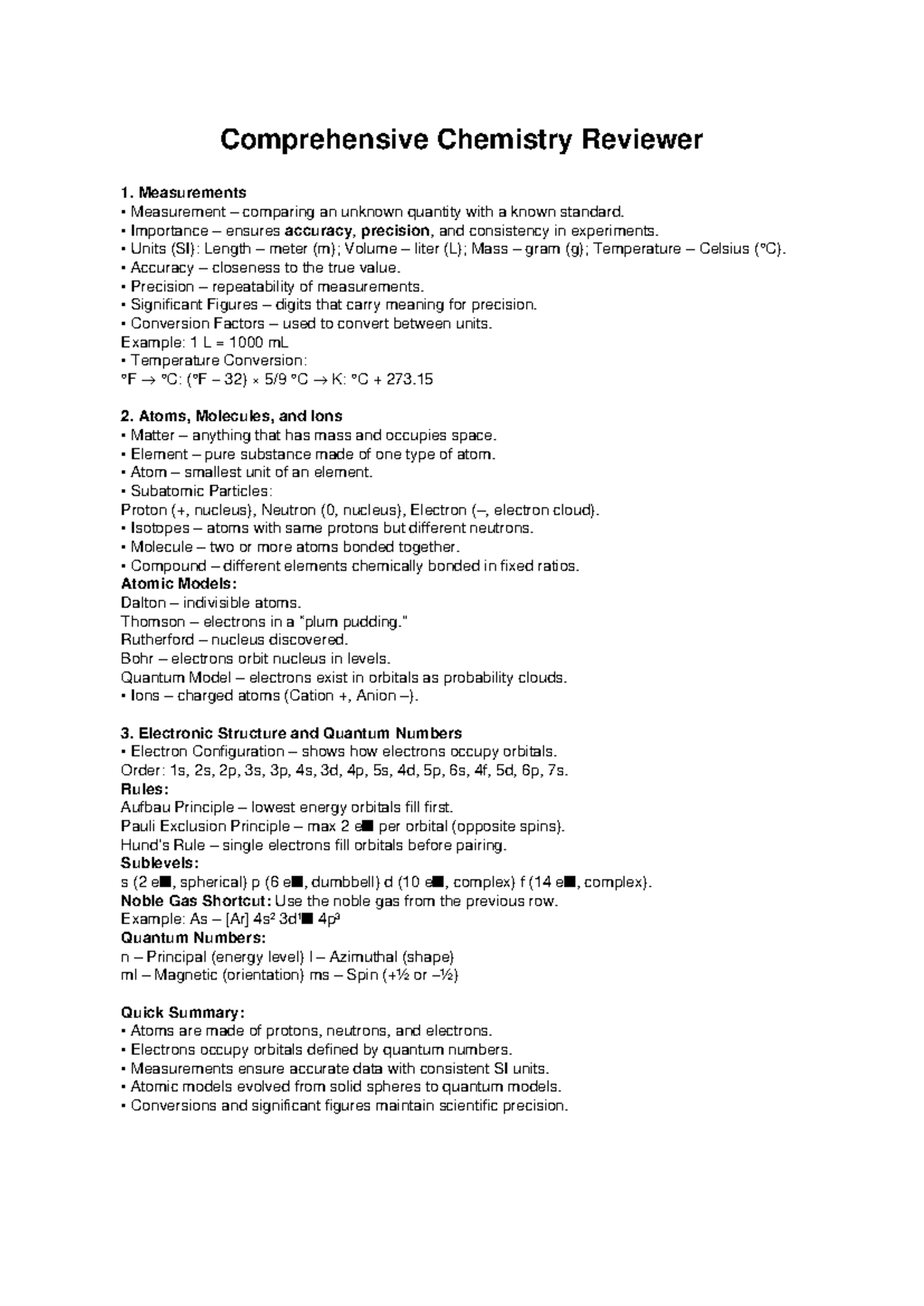 Chemistry 101: Comprehensive Reviewer on Measurements, Atoms & Structure - Studocu