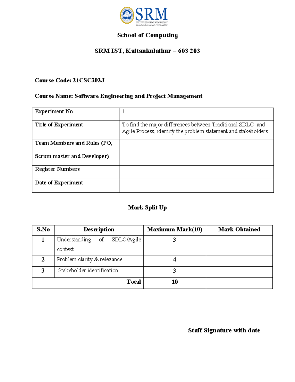 Experiment 1 - Major Differences in SDLC vs Agile (21CSC303J) - Studocu