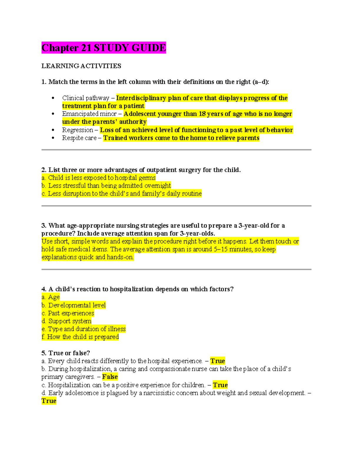 Chapter 21-24 Study Guide: Pediatric Nursing Concepts and Care - Studocu