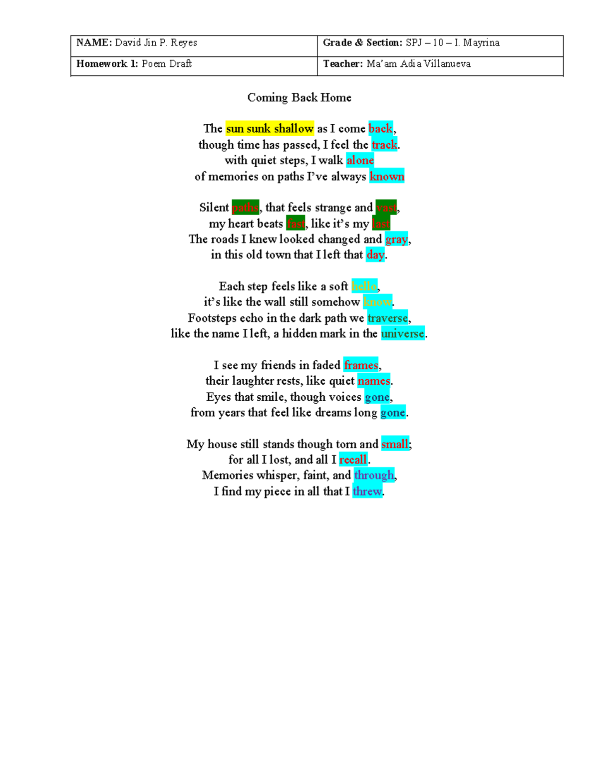 Coming Back Home - poem - NAME: David Jin P. Reyes Grade & Section: SPJ ...