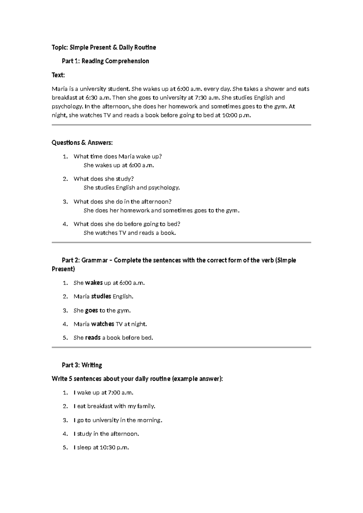 Simple Present Daily Routine: Reading & Grammar Exercises - Studocu