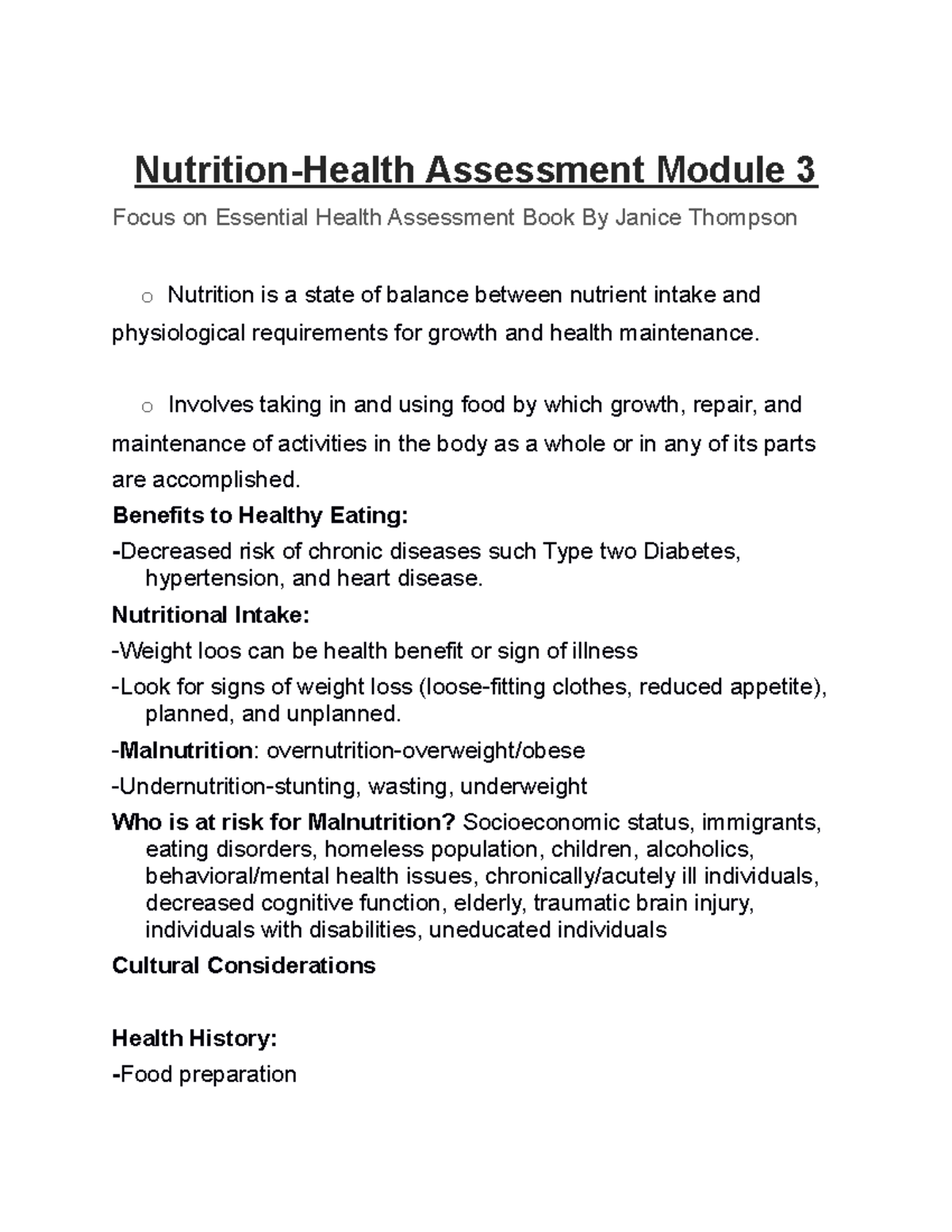 Nutrition - notes - Nutrition-Health Assessment Module 3 Focus on ...