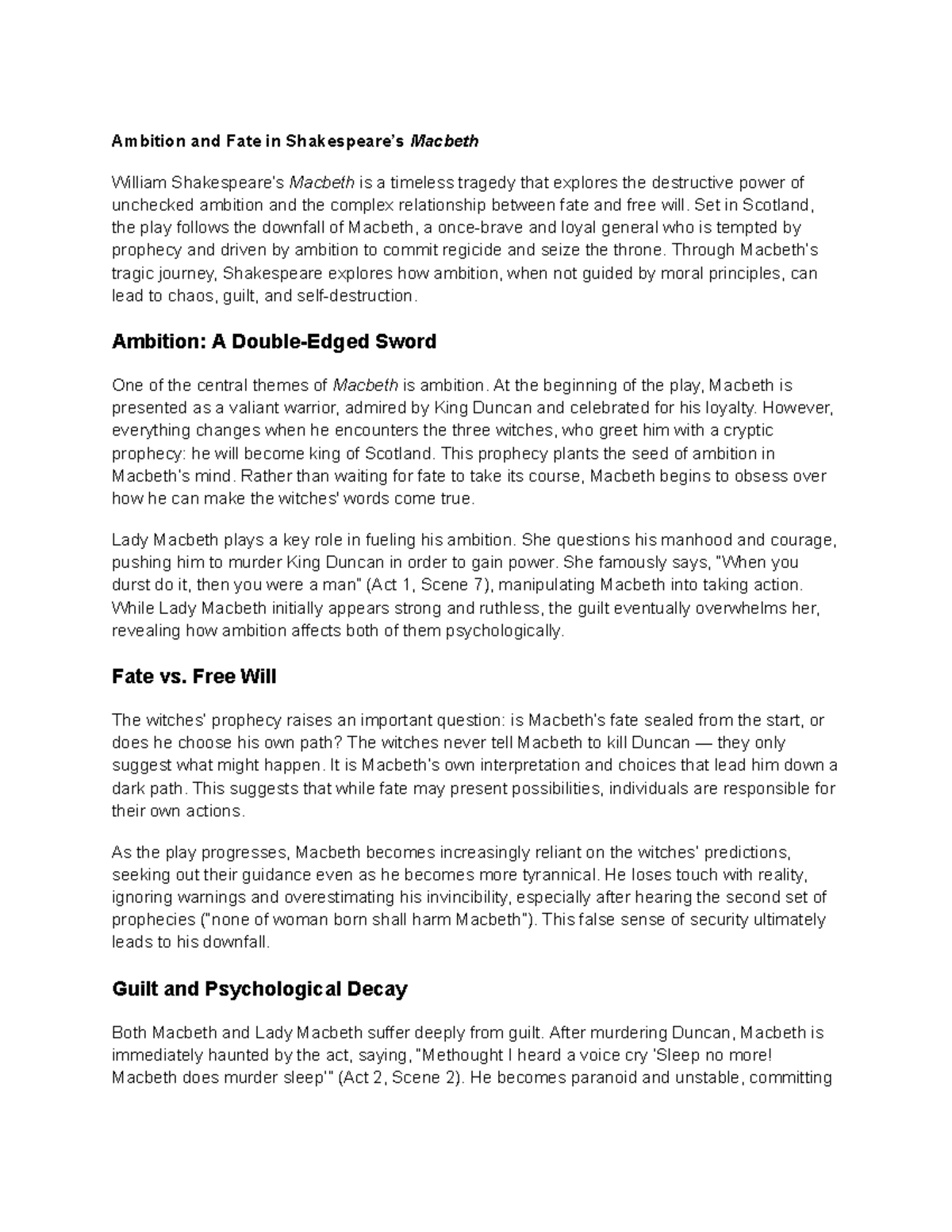 Macbeth Essay Analysis: Ambition and Fate in Tragedy - Studocu