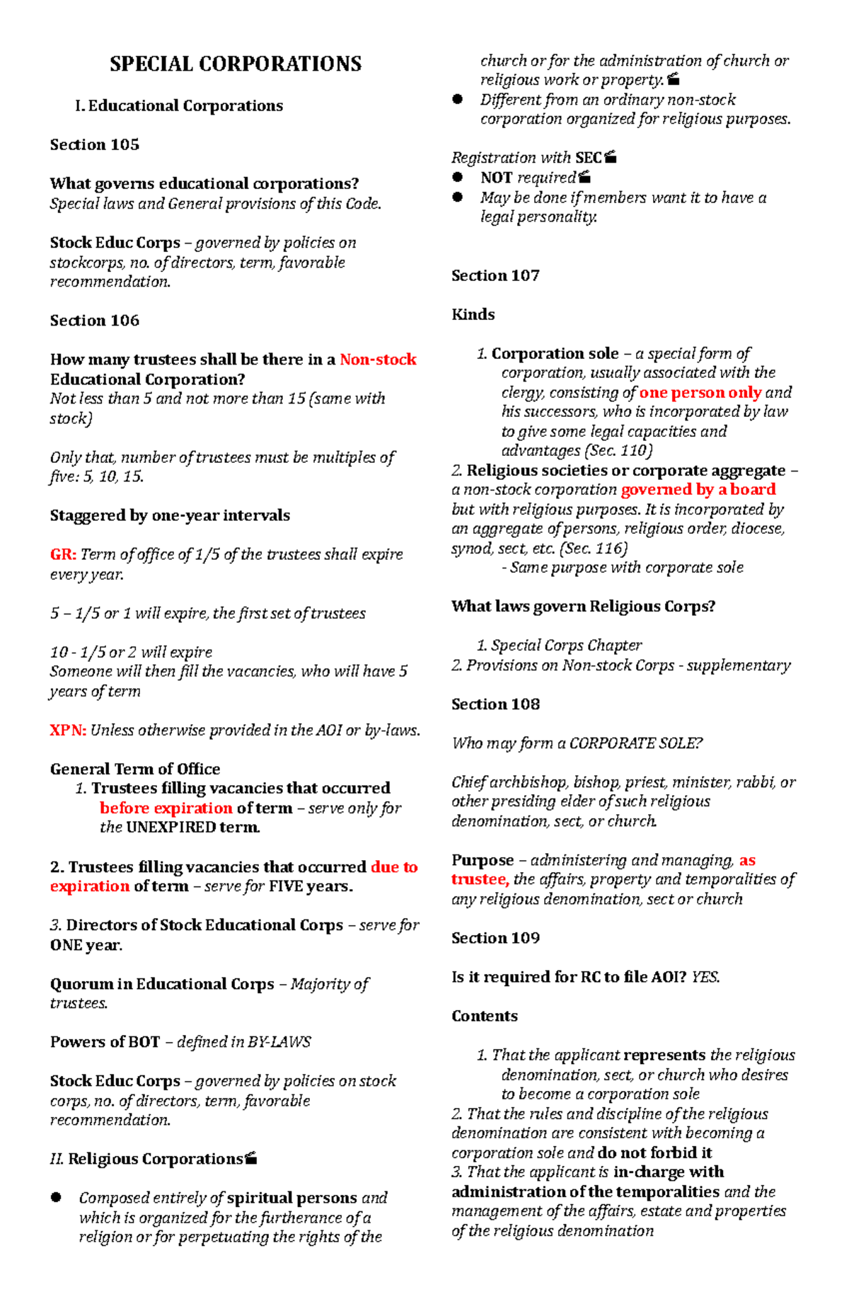 Special Notes on Educational and Religious Corporations (Law) - Studocu