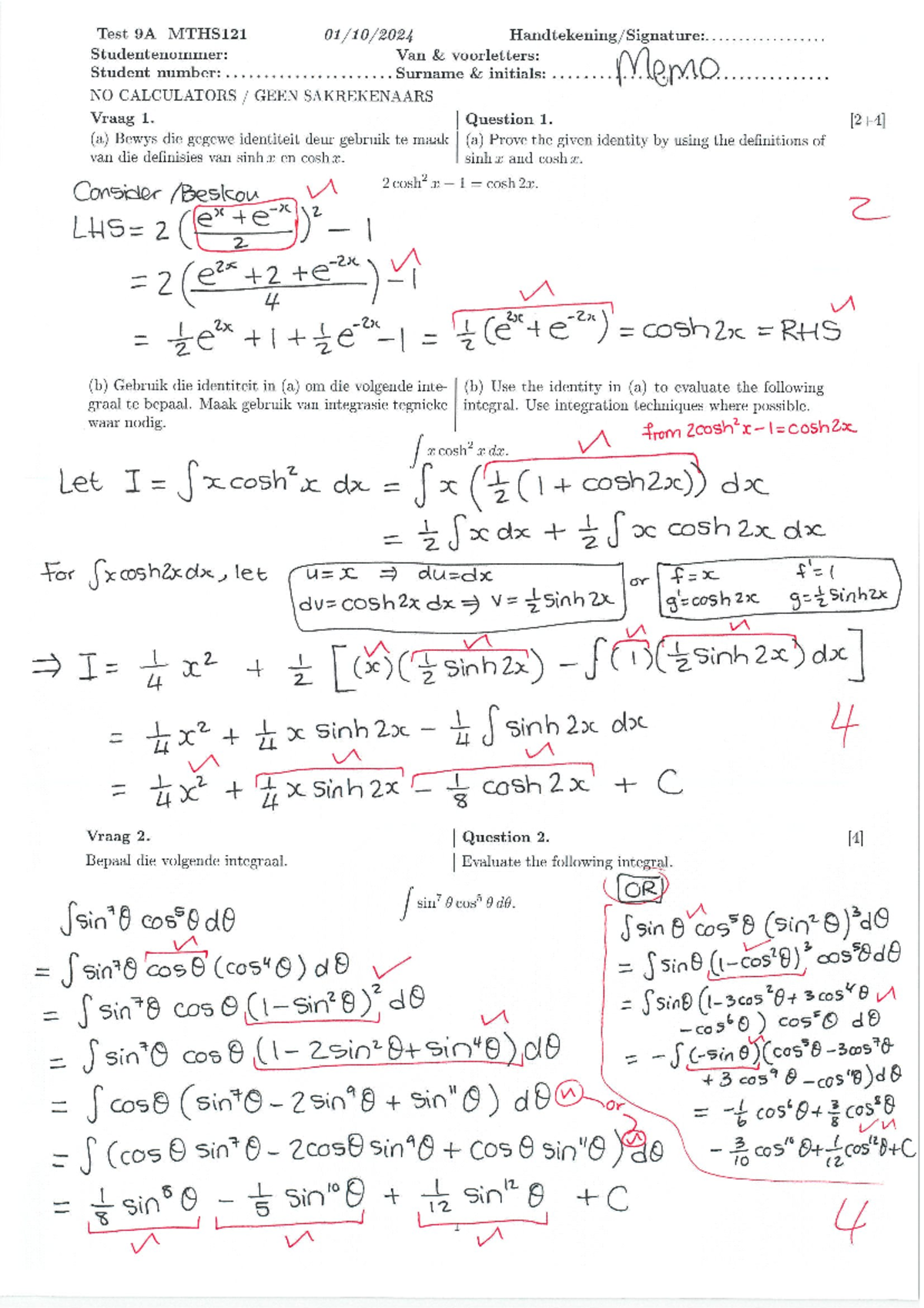 MTHS121 test 9 2024 memo - Test 9A MTHS121 01/10/2024 Handtekening ...
