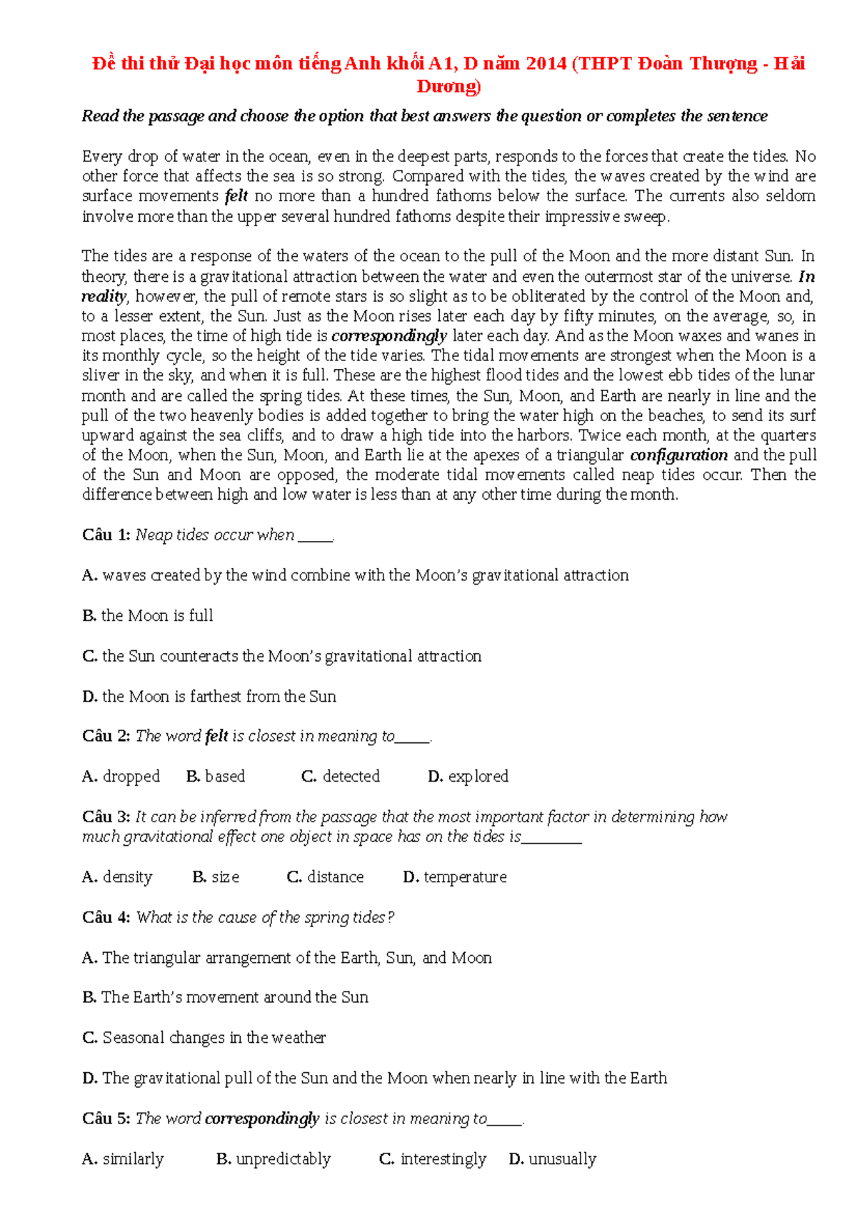 Đề thi thử môn Tiếng anh - Đ thi th Đ i h c môn ti ng Anh kh i A1, D ...