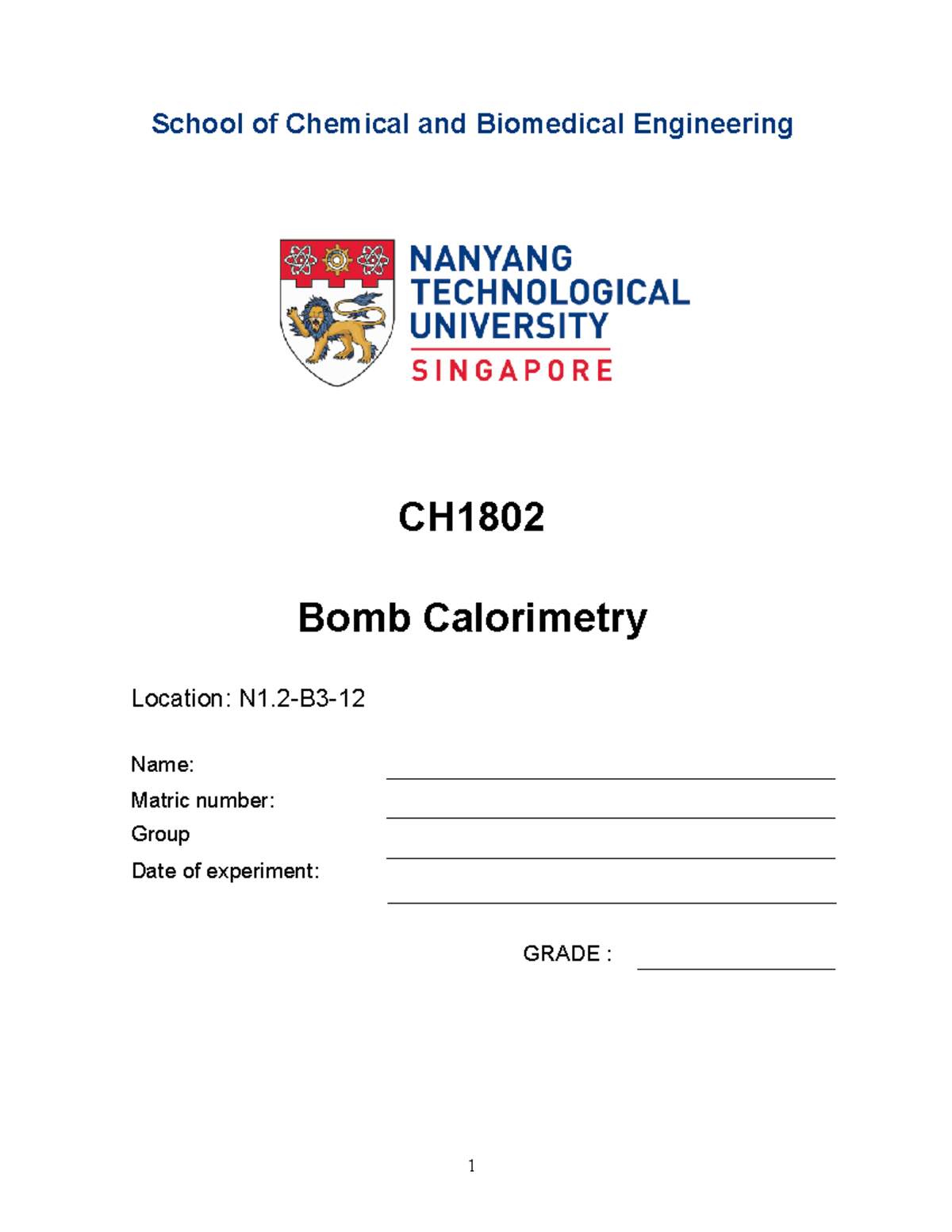 CH1802 C6 Bomb Calorimetry - School of Chemical and Biomedical ...