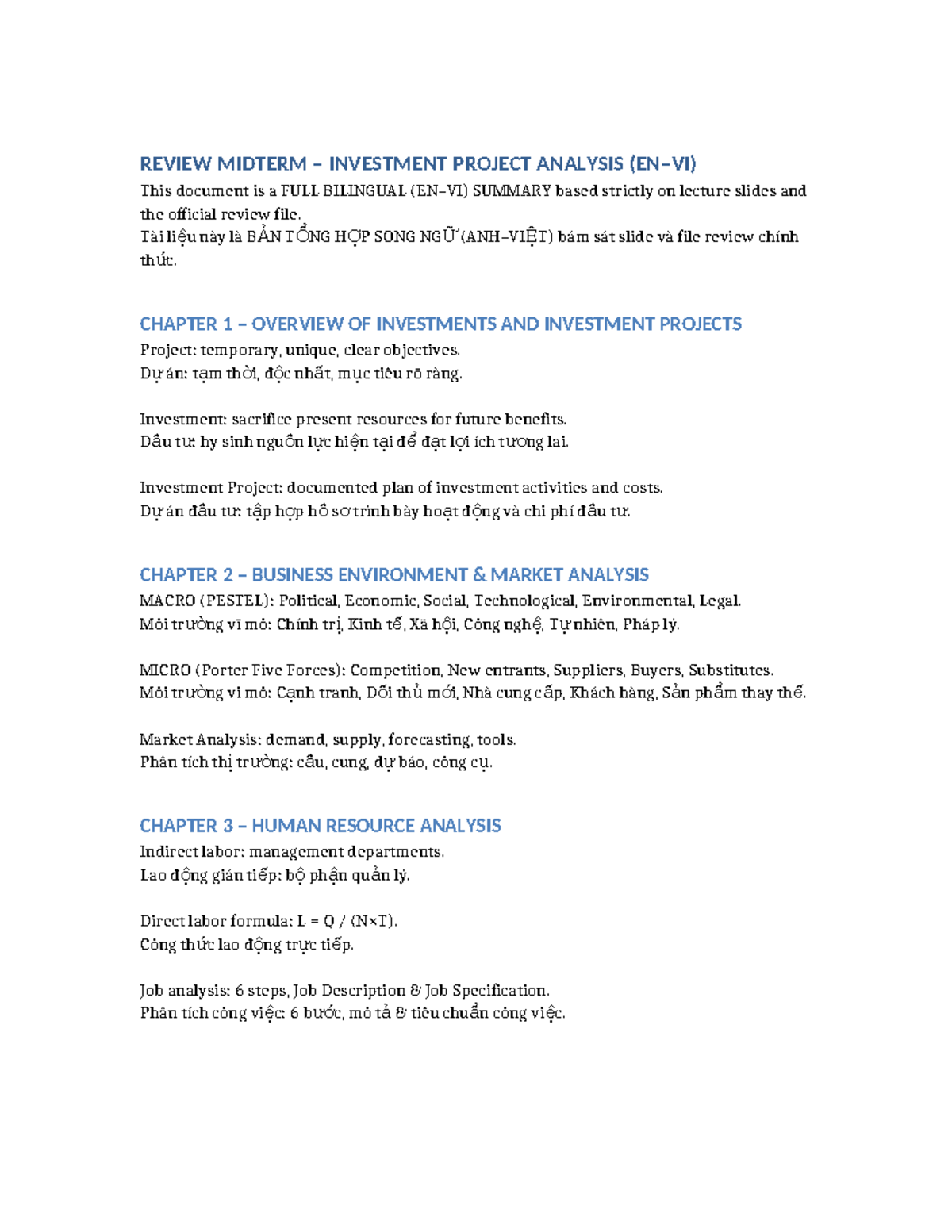 REVIEW MIDTERM INVESTMENT PROJECT ANALYSIS EN-VI SUMMARY - Studocu