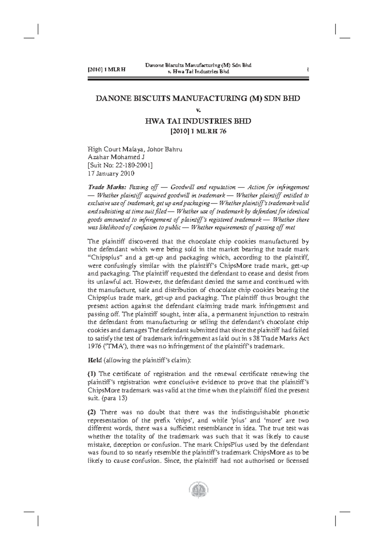 Danone Biscuits Mfg (M) Sdn Bhd v. Hwa Tai Ind Bhd: Trademark Case ...