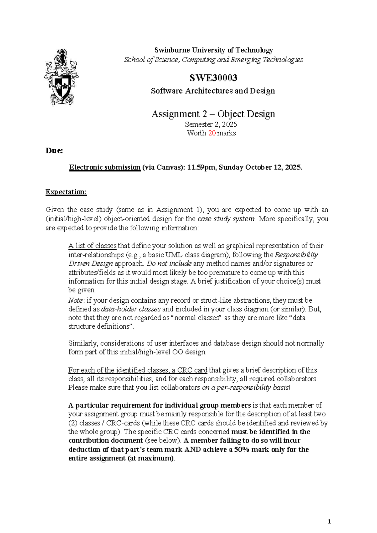 Assignment 2 - Object Design (SCT300) - UML Class Diagram & CRC Cards ...