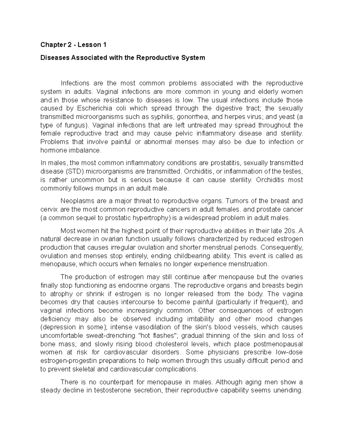 Diseases Affecting the Reproductive System: Chapter 2 Lesson 1 - Studocu