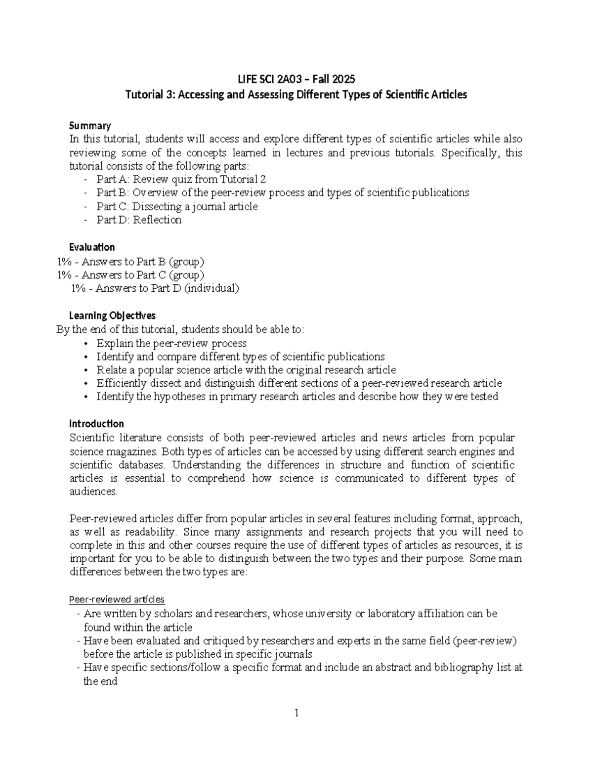 LIFE SCI 2A03 Fall 2025 Tutorial 3: Exploring Scientific Articles - Studocu