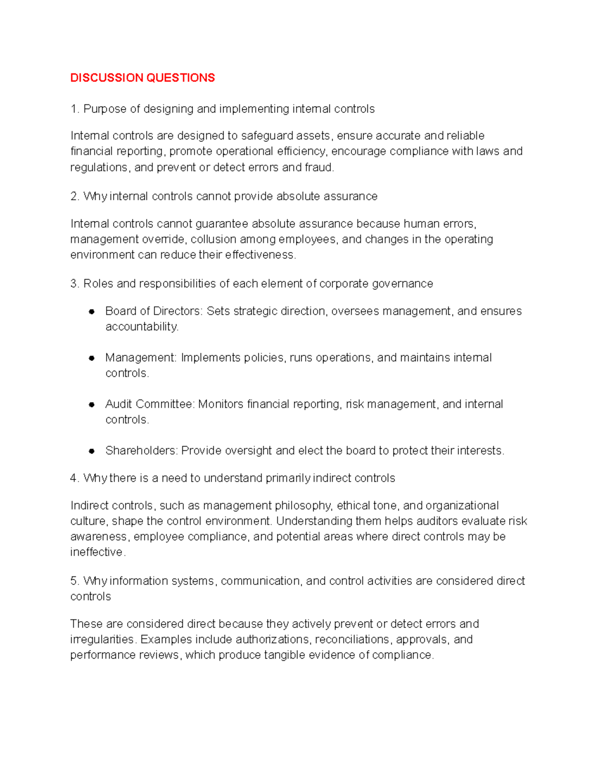 AUD Chap6Ans - Internal Controls & Corporate Governance Discussion - Studocu