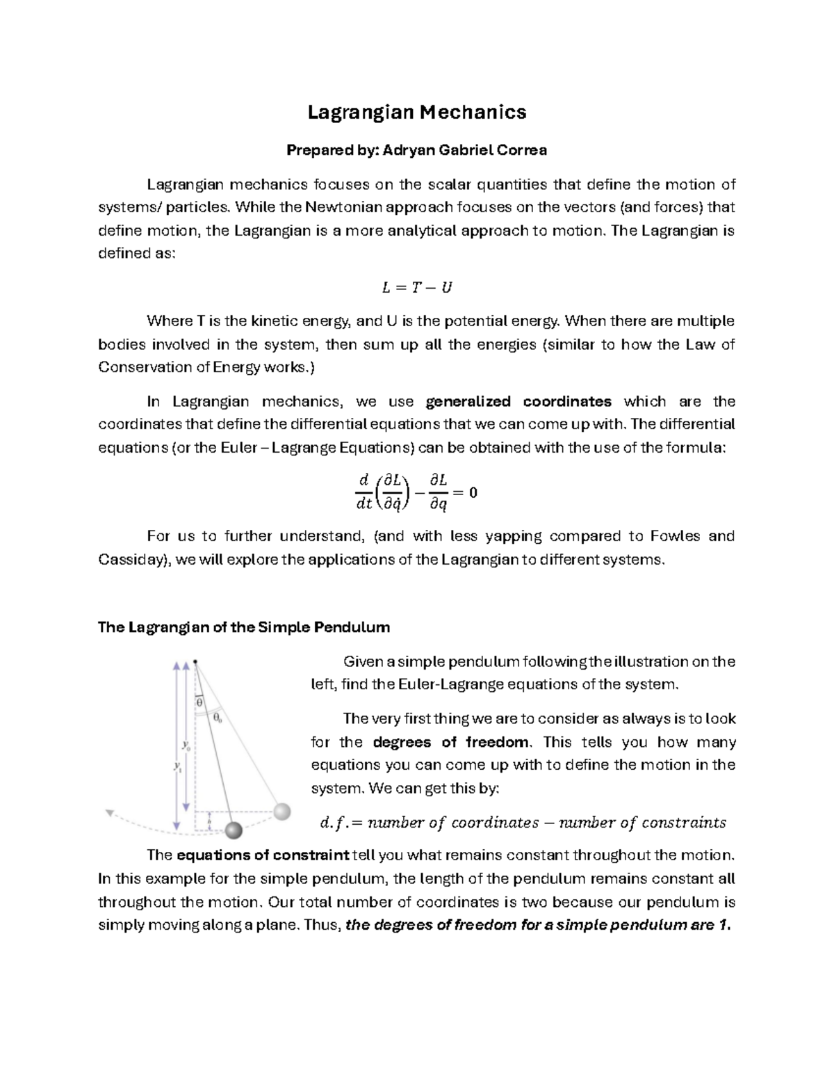 Lagrangian Mechanics - Lagrangian Mechanics Prepared by: Adryan Gabriel ...