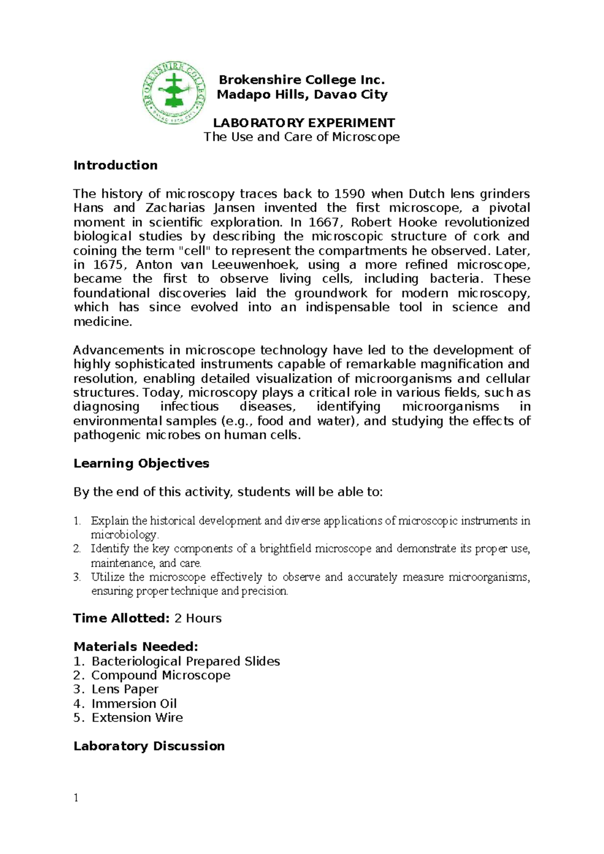 Brokenshire College Inc. LAB EXPERIMENT: Use & Care of Microscope - Studocu