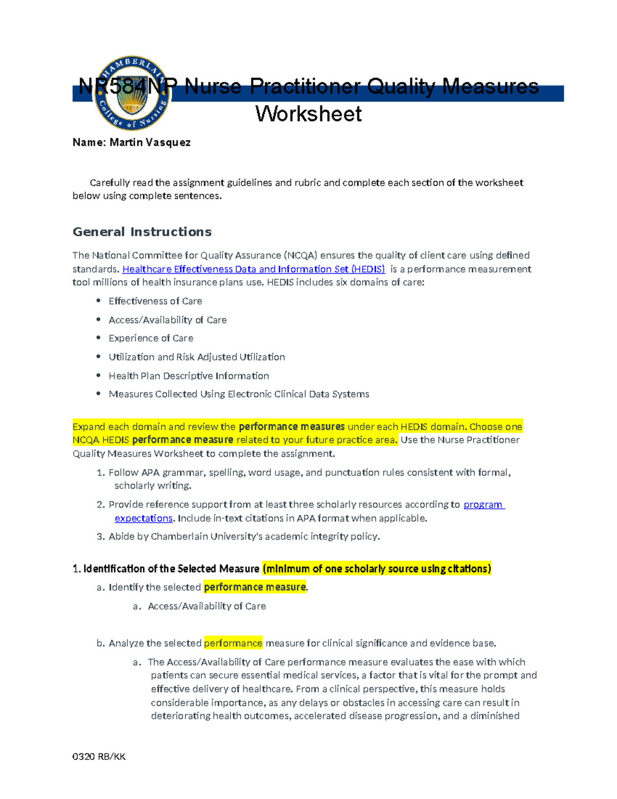 NR584NP Week 5 NP Quality Measures Evaluation and Worksheet - Studocu