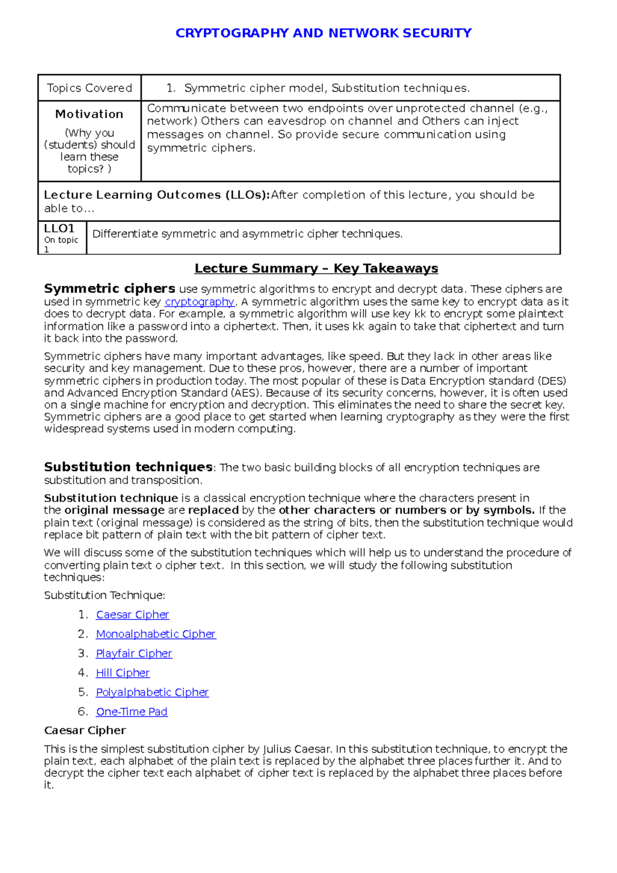 Symmetric cipher model, Substitution techniques - Topics Covered 1. Symmetric cipher model ...