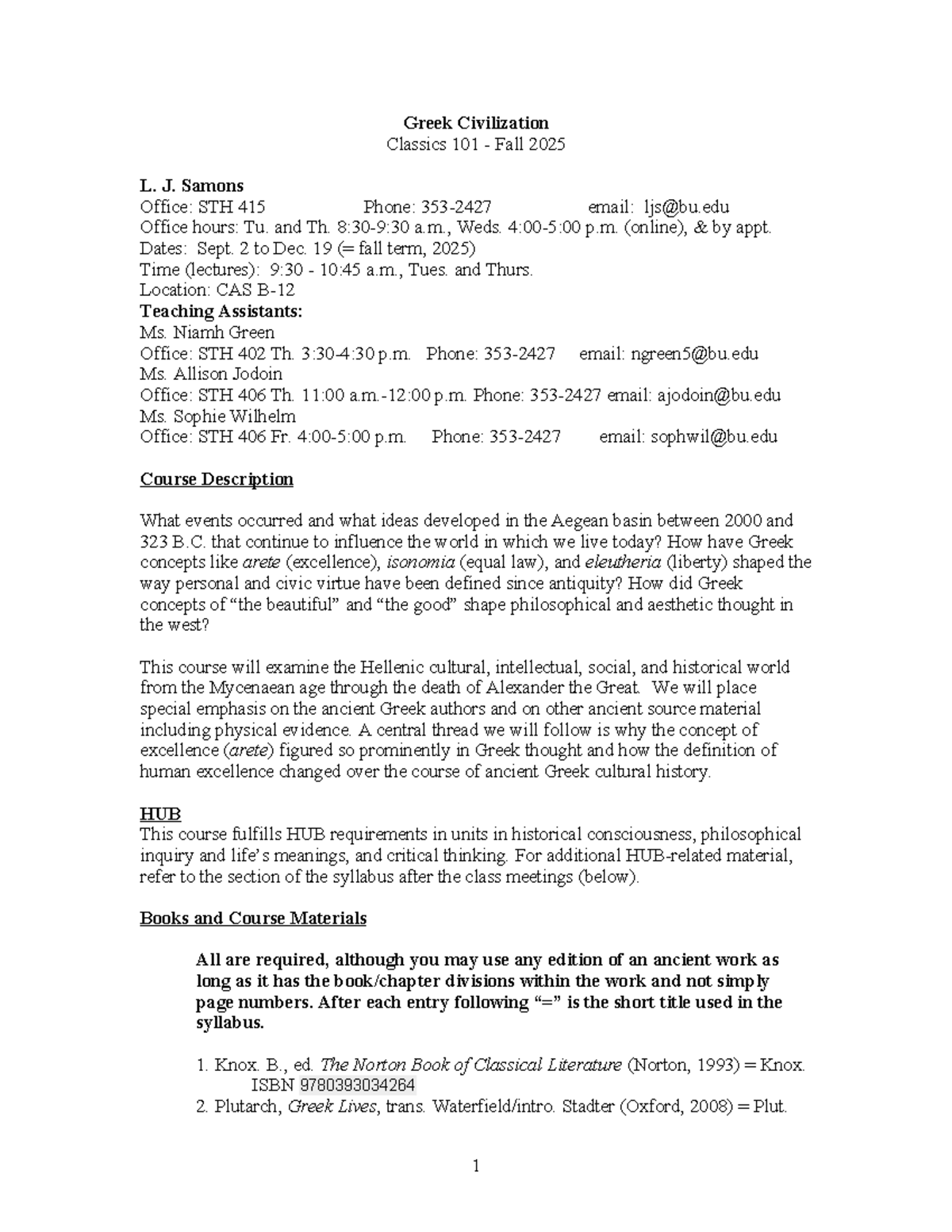Greek Civilization Syllabus Classics 101 Fall 2025 - Studocu