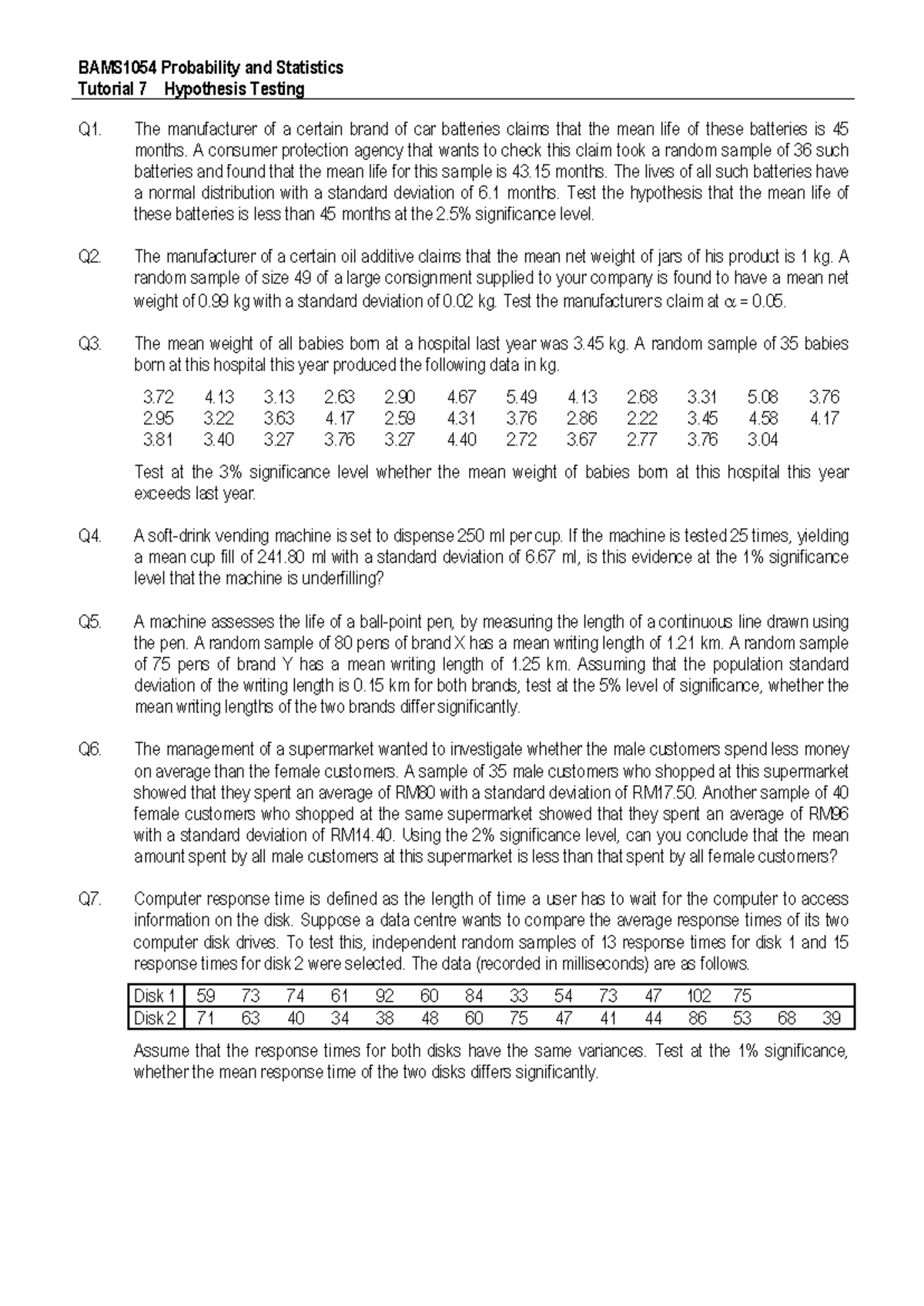BAMS1054 Probability and statistics tutorial 7 – hypothesis testing ...