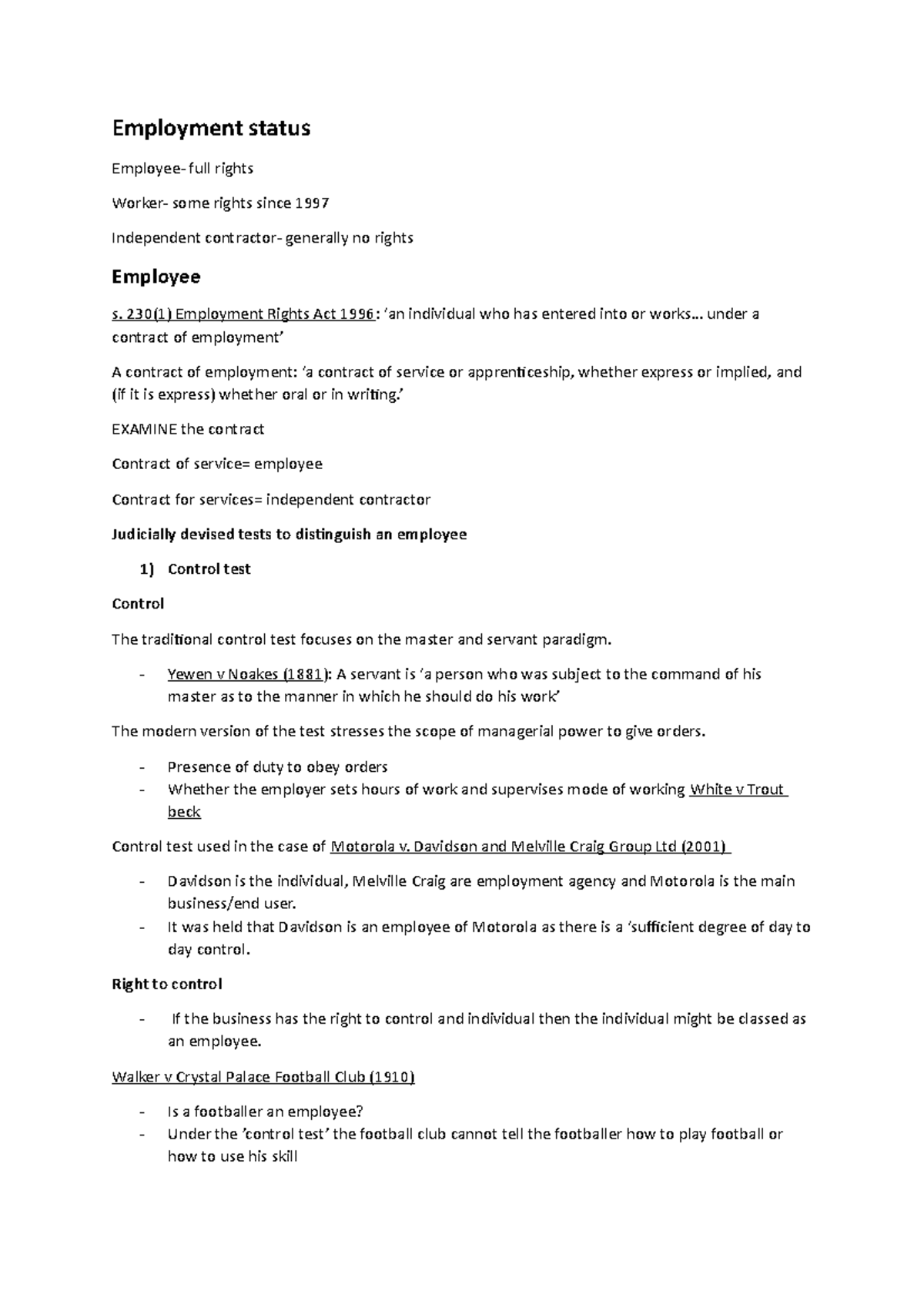EXAM 2 Employment Status: Understanding Employee Rights and Tests - Studocu