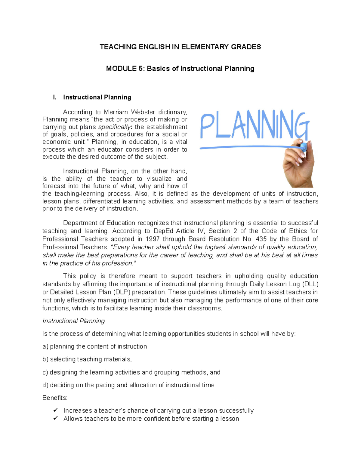 Module 5 - Lesson 5: Instructional Planning Study Guide - Studocu