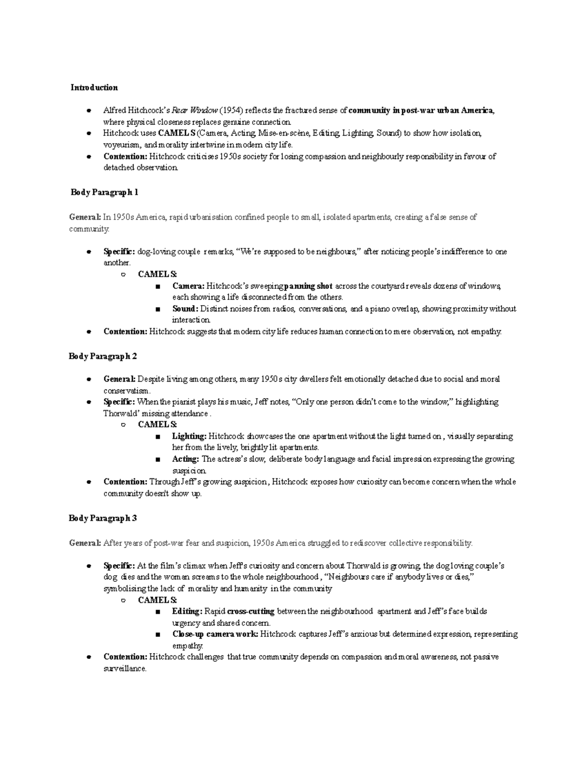 ENG 101: Summary Guide for Hitchcock's "Rear Window" Analysis - Studocu