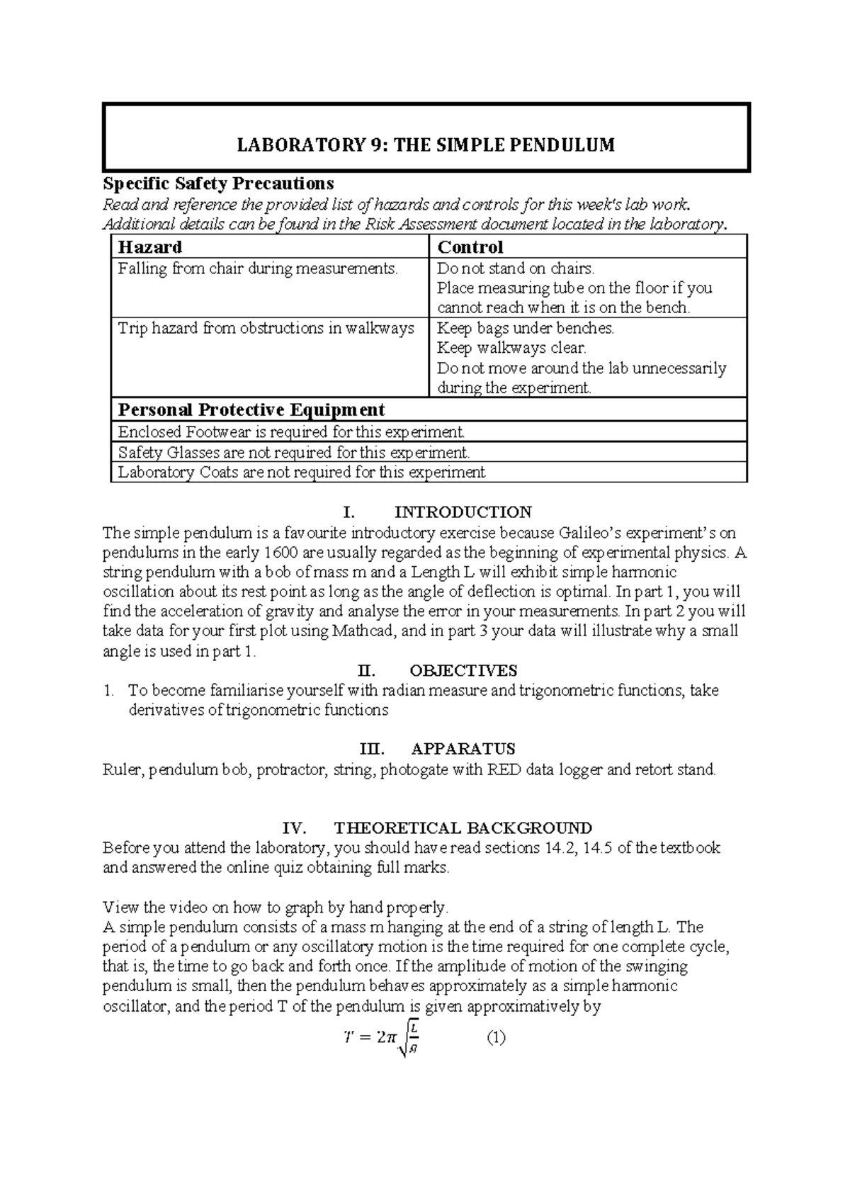 Lab 9: Simple Pendulum Experiment - Safety Precautions & Objectives S1 ...